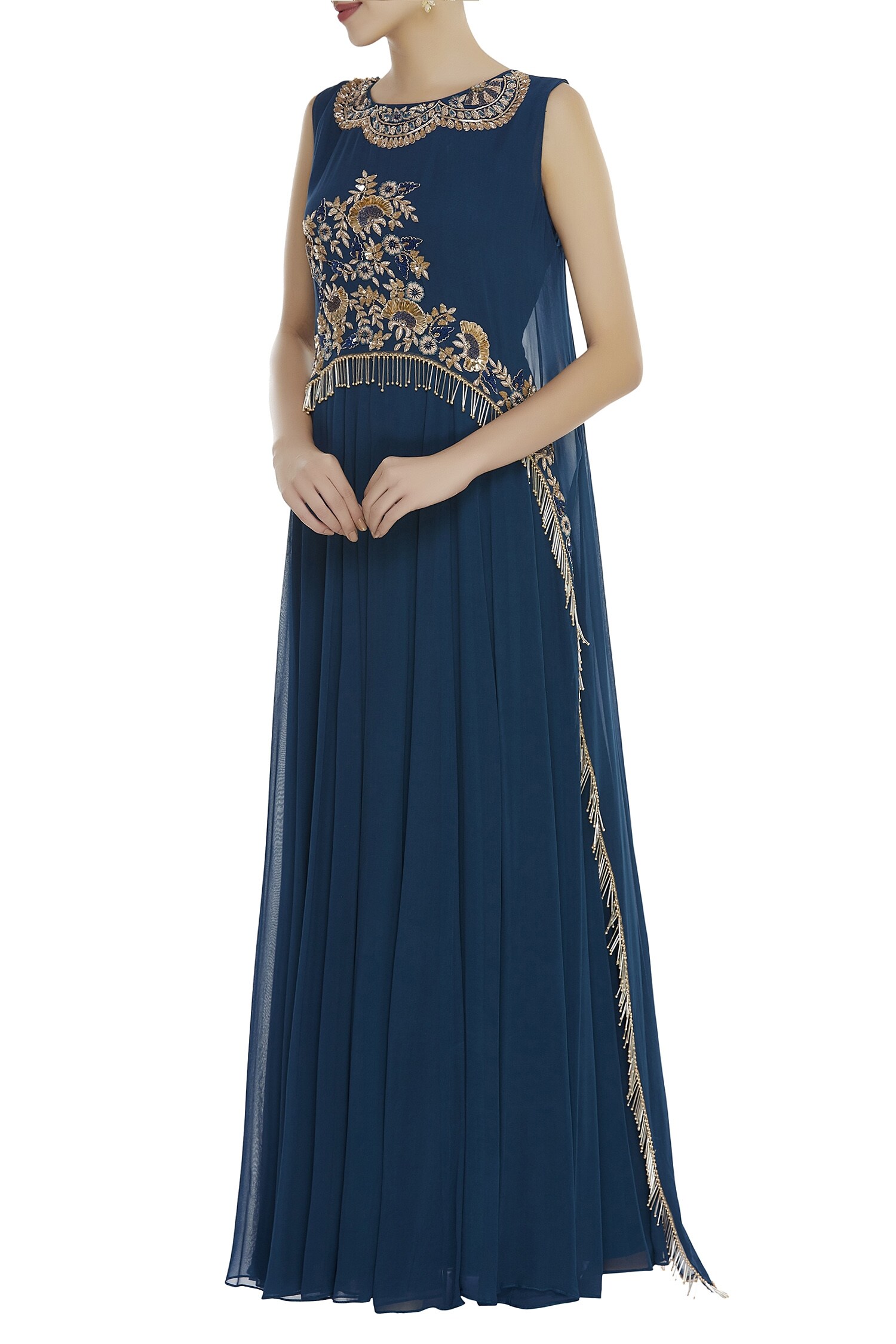 Buy Blue Georgette Embroidered Round Cape Gown For Women by Ushma ...
