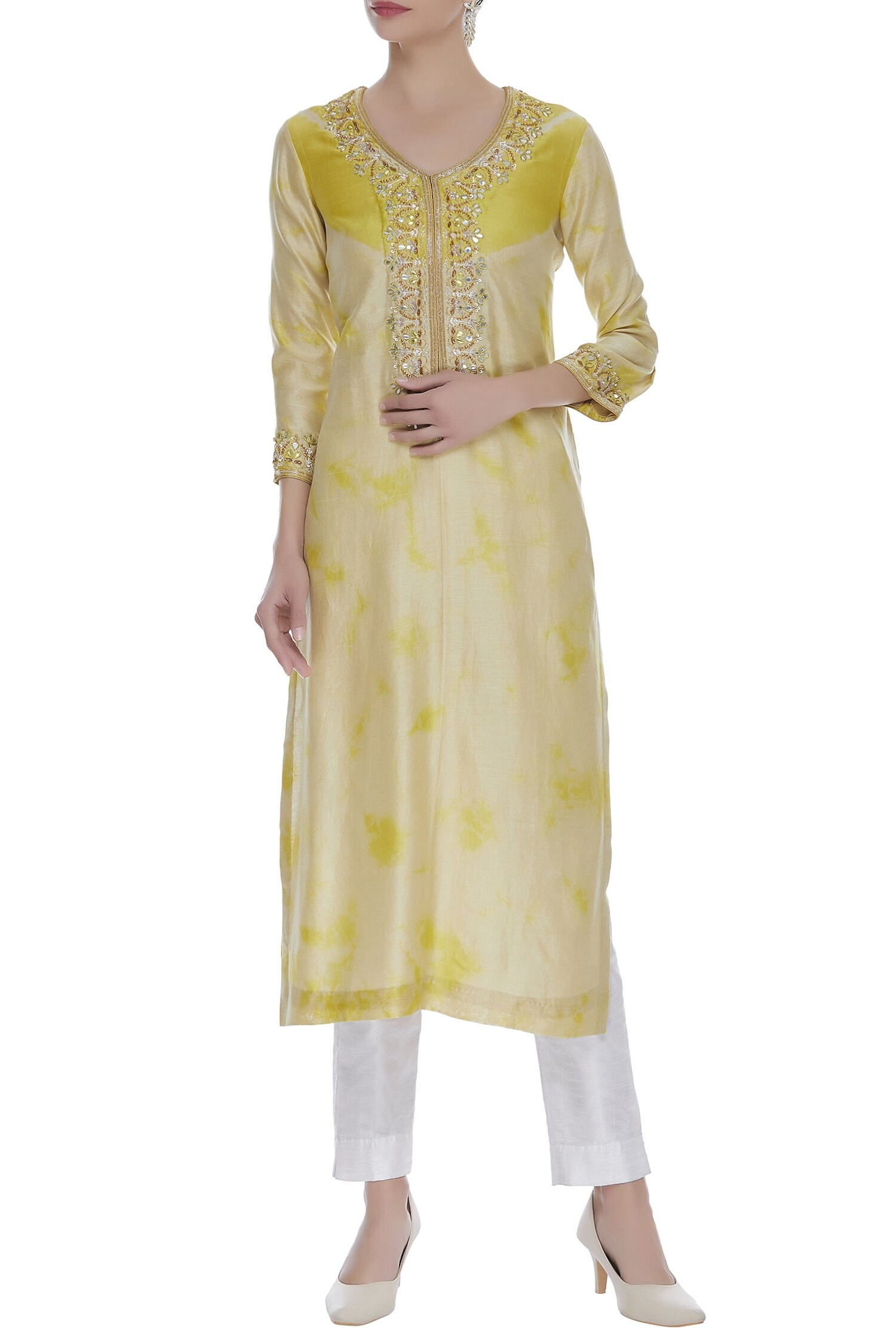 Buy Rar Studio Yellow Tie Dye Side Slit Kurta Online | Aza Fashions