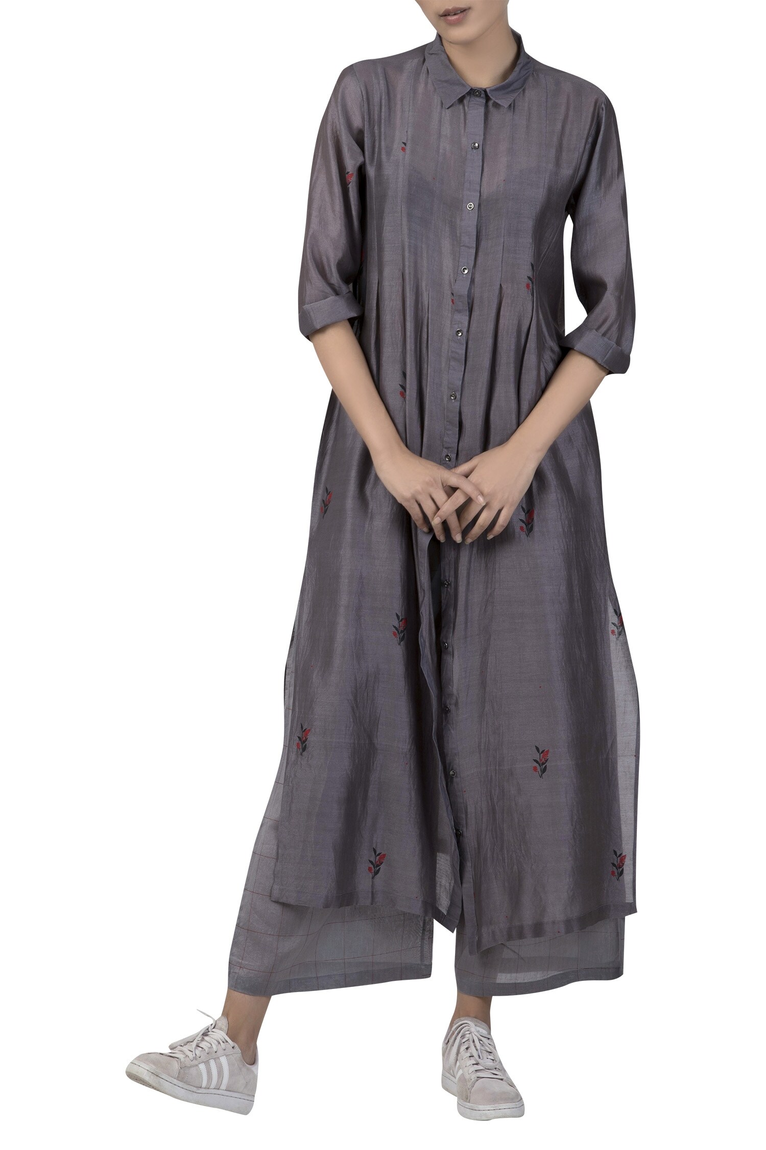 Three Grey Pintucked High Slit Kurta