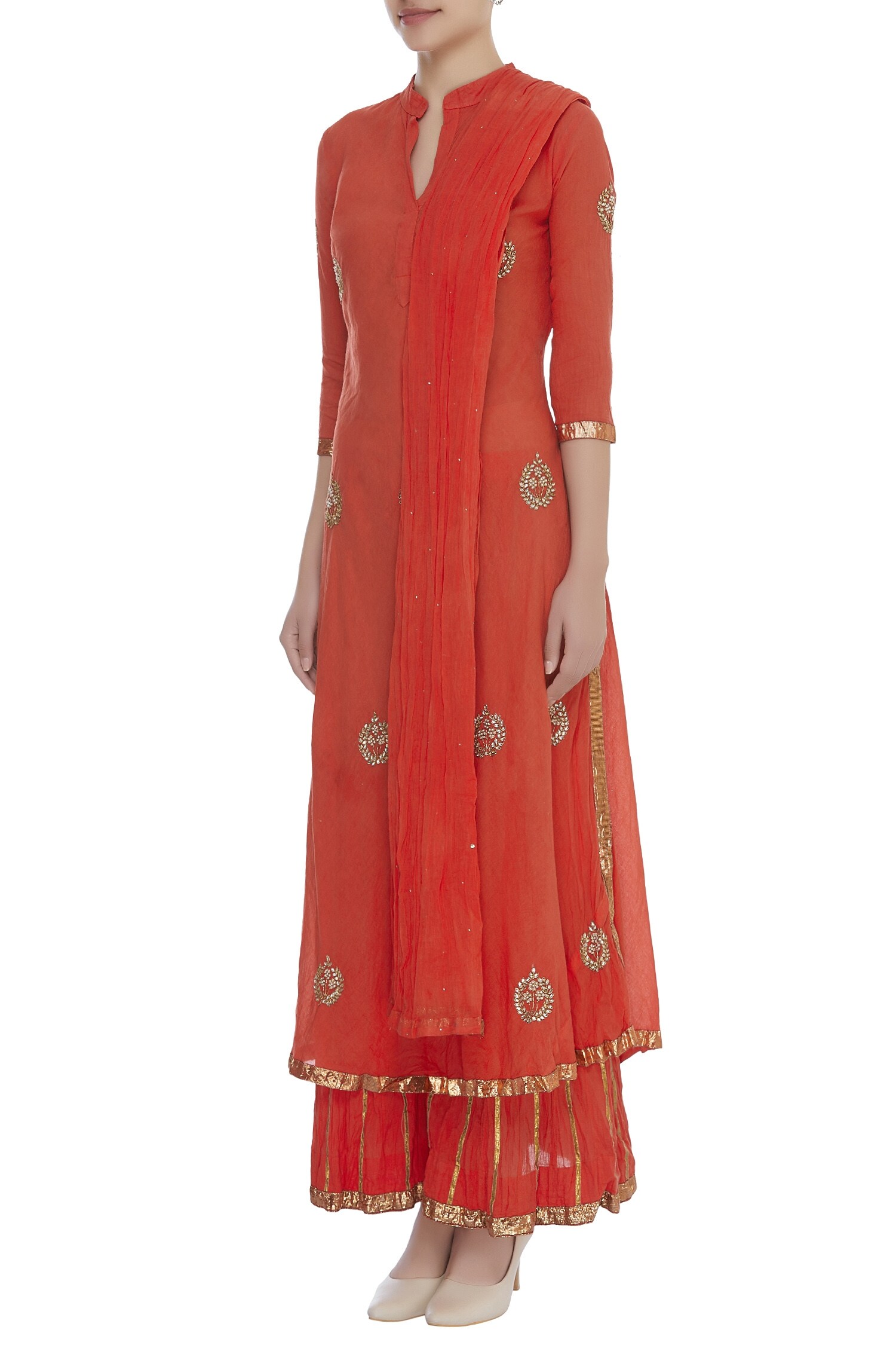 Buy Nazar by Indu Red Kundan And Bead Work Kurta Sharara Set Online ...