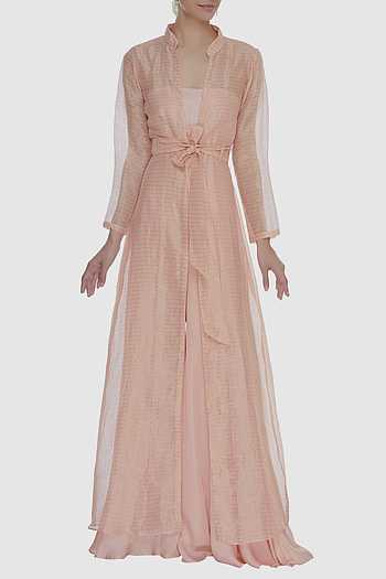 Buy Pink Organza Embroidered Checkered Sheer Jacket With Waist Belt For ...