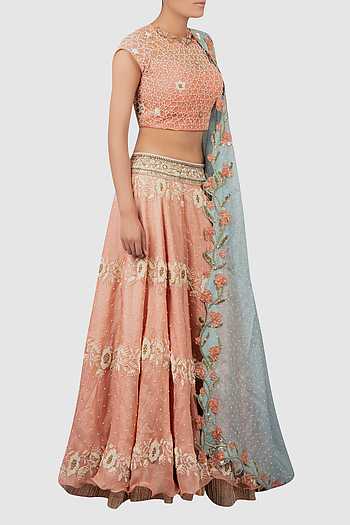 Buy Yashodhara Blue Flower Embroidered Lehenga Set With Contrast ...