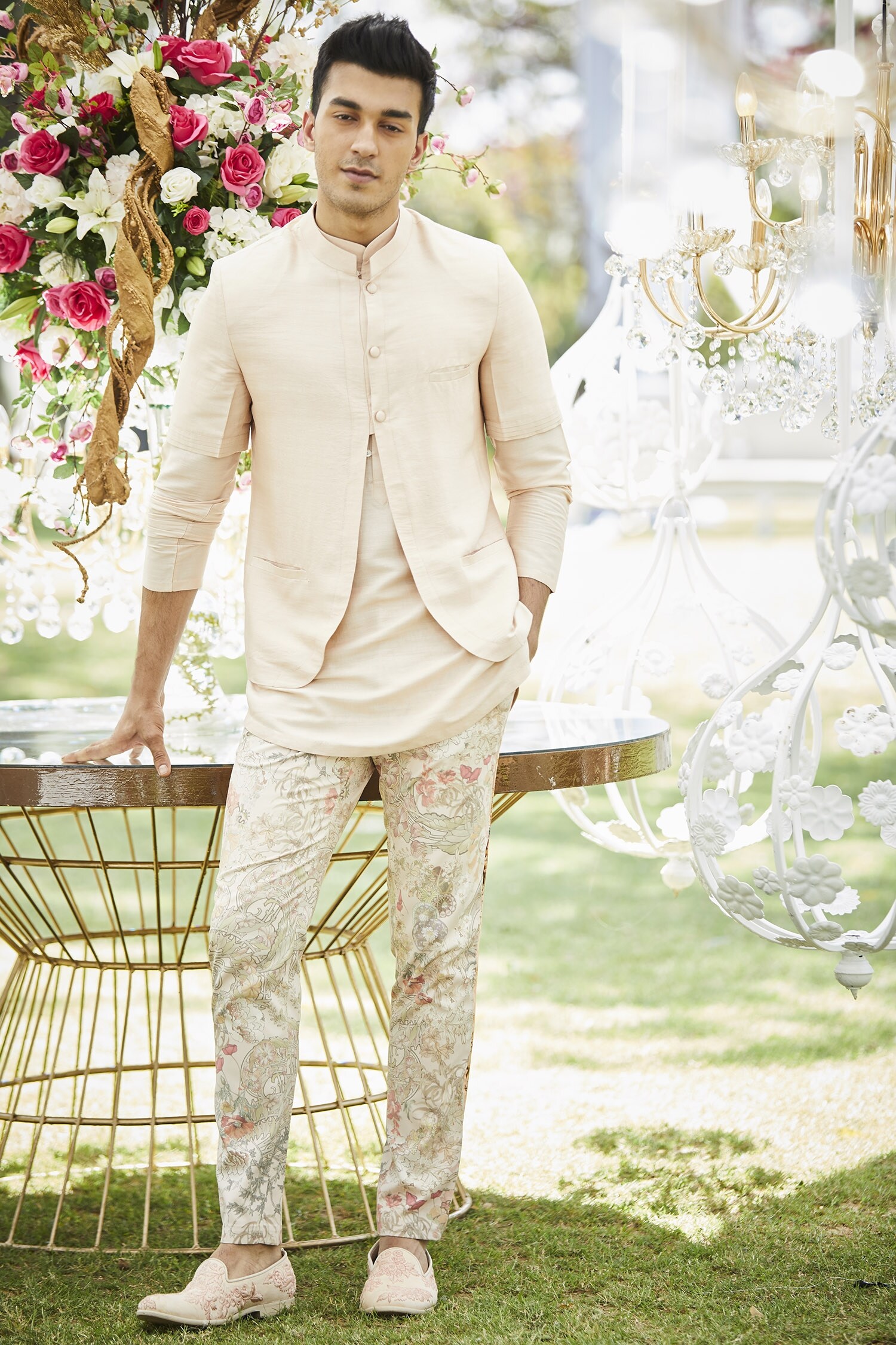 Buy Varun Bahl Pink Monga Silk Printed Bundi And Kurta Set Online | Aza ...