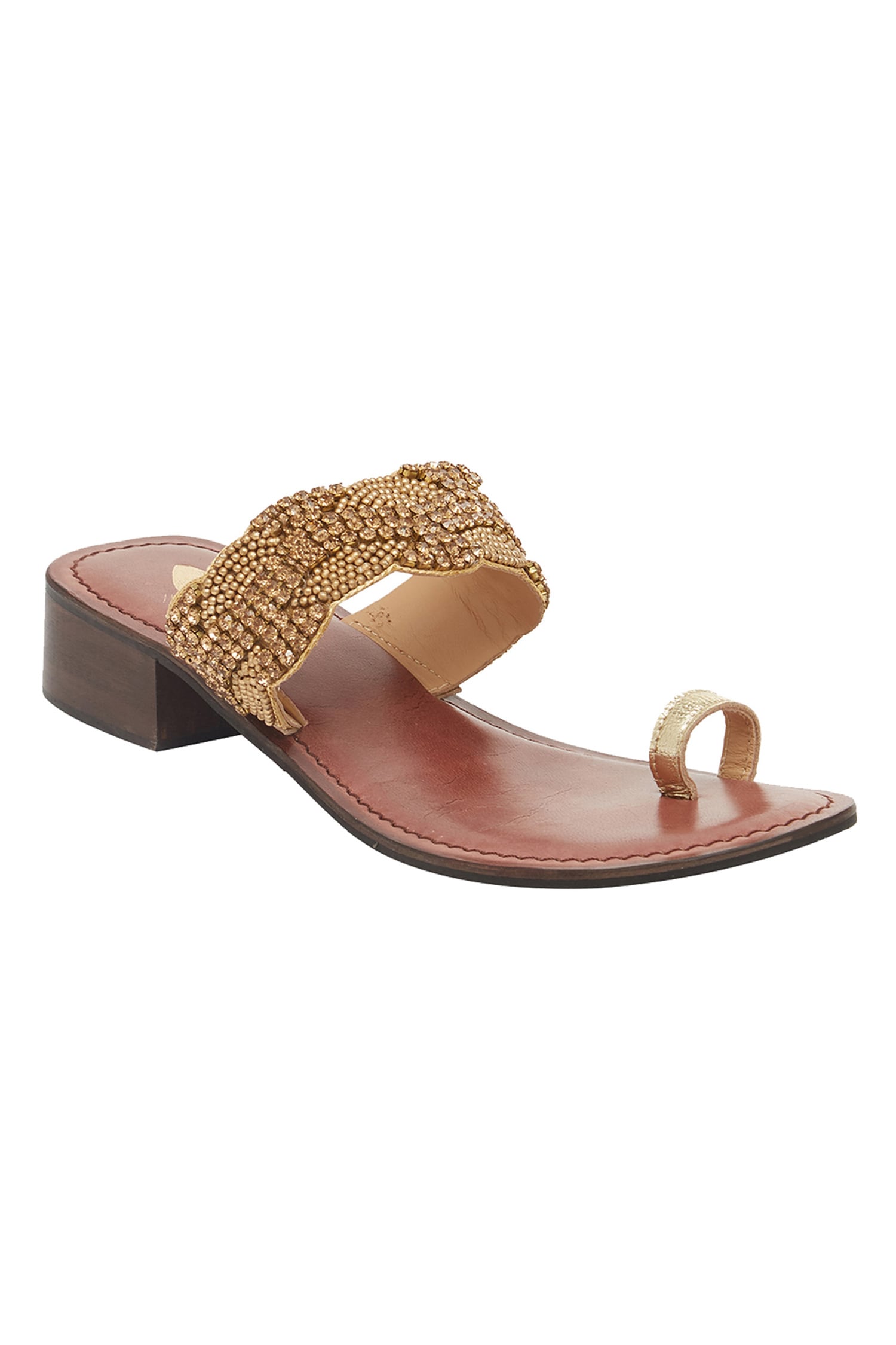 Buy Gold Beaded Open Toe Box Heel Sandals by Sole Fry Online at Aza ...