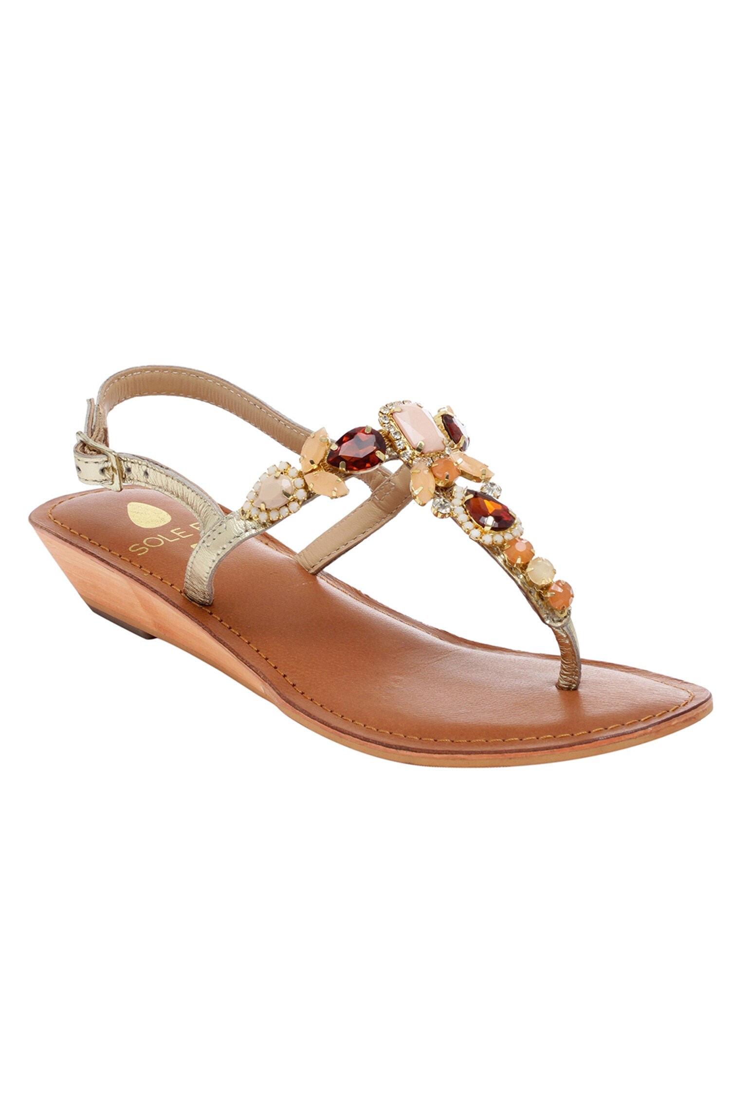 Sole Fry Gold Rhinestone Wedge Heel Sandals