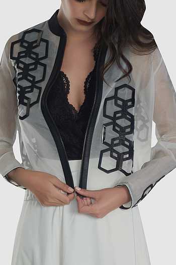 Buy Devina Juneja Black Bomber Jacket With Leather Applique Online ...