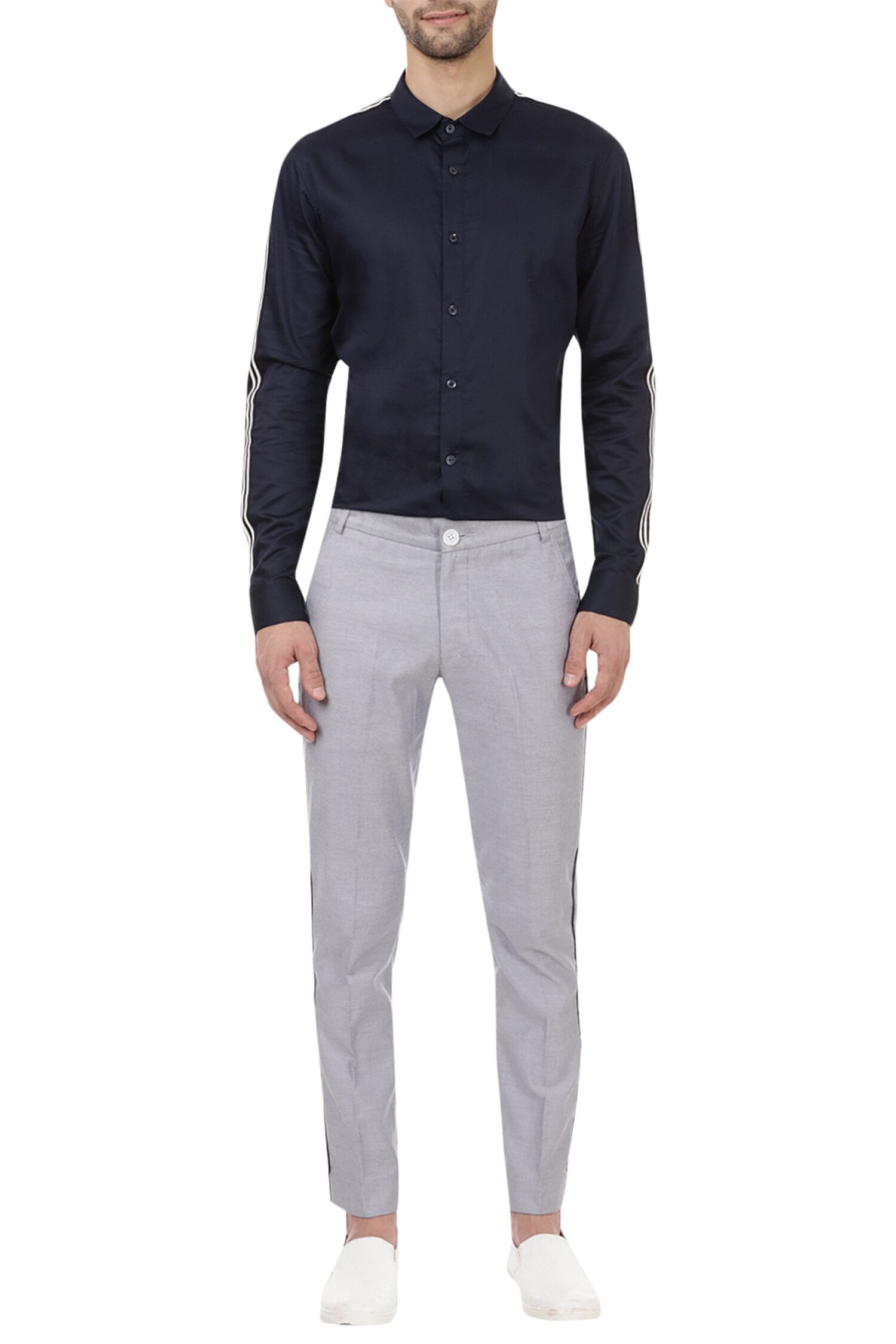 Buy Lacquer Embassy Blue Striped Sleeve Regular Fit Shirt Online | Aza ...