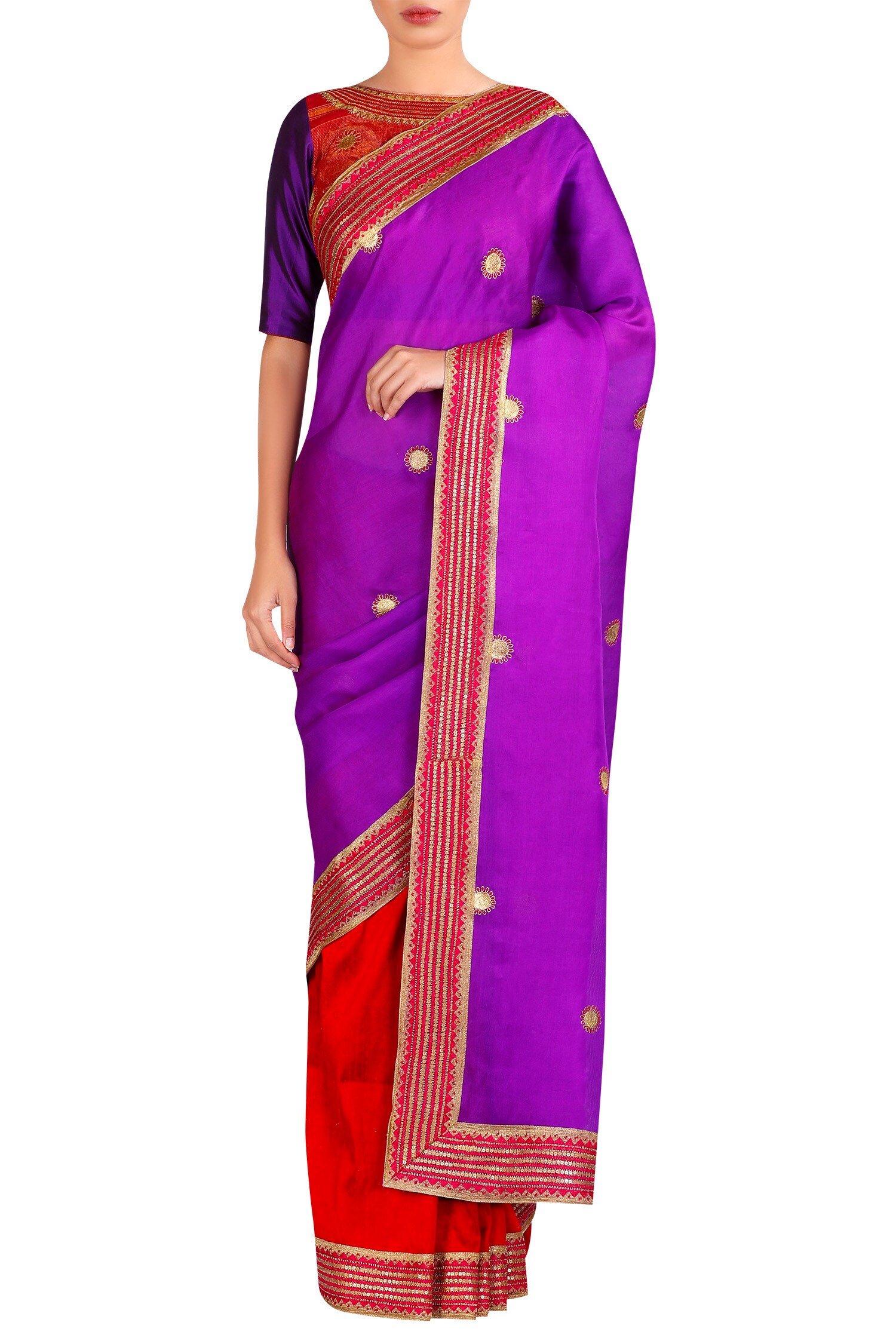 Buy Red Raw Silk Embroidery Sequin Boat Neck Boota Work Saree With ...