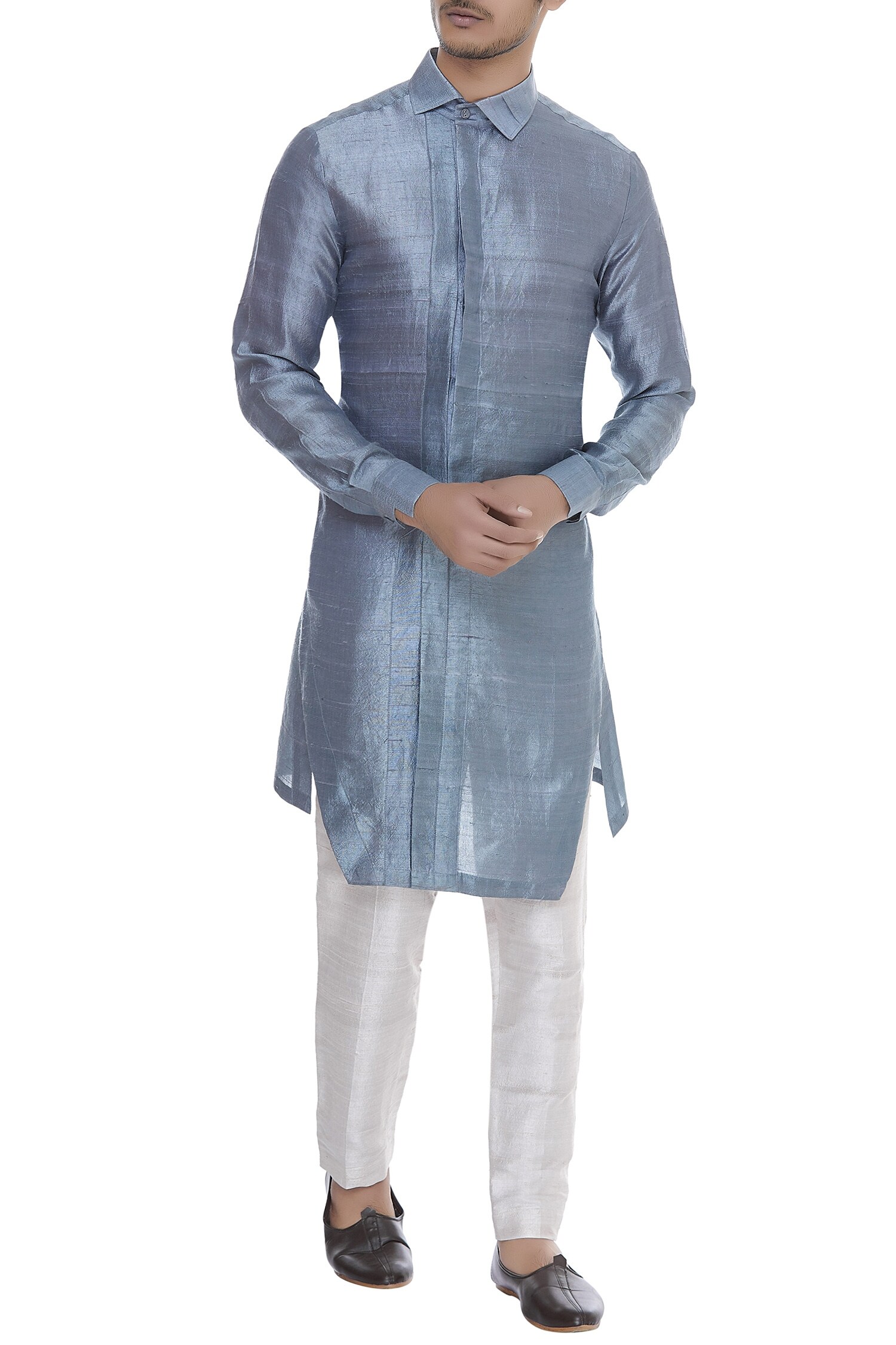Buy Blue Raw Silk Plain Straight Classic Kurta For Men by Mitesh Lodha ...