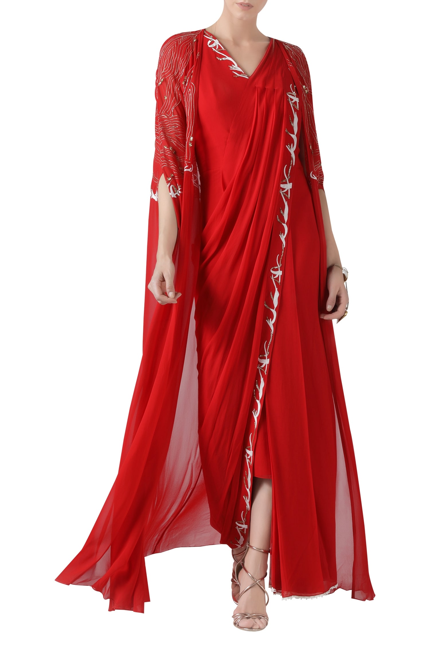 Buy Red Silk Georgette V Neck Pre Draped Saree With Embroidered Cape ...