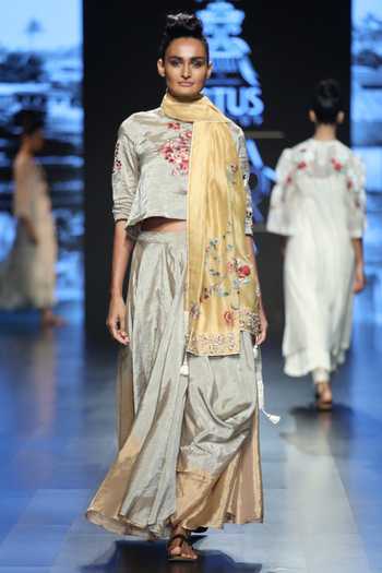 Buy Prama by Pratima Pandey Gold Floral Embroidered Lehenga Set Online ...