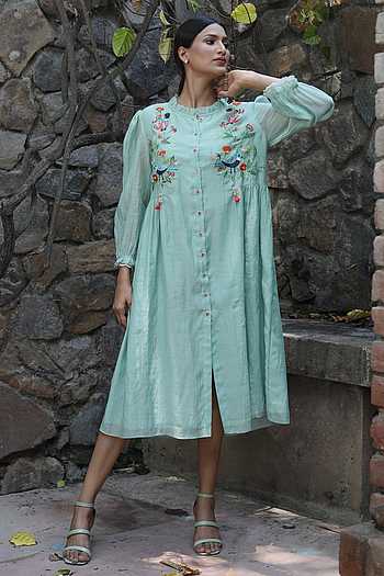Buy Blue Handwoven Chanderi Embroidered Patchwork Round Dress For Women ...