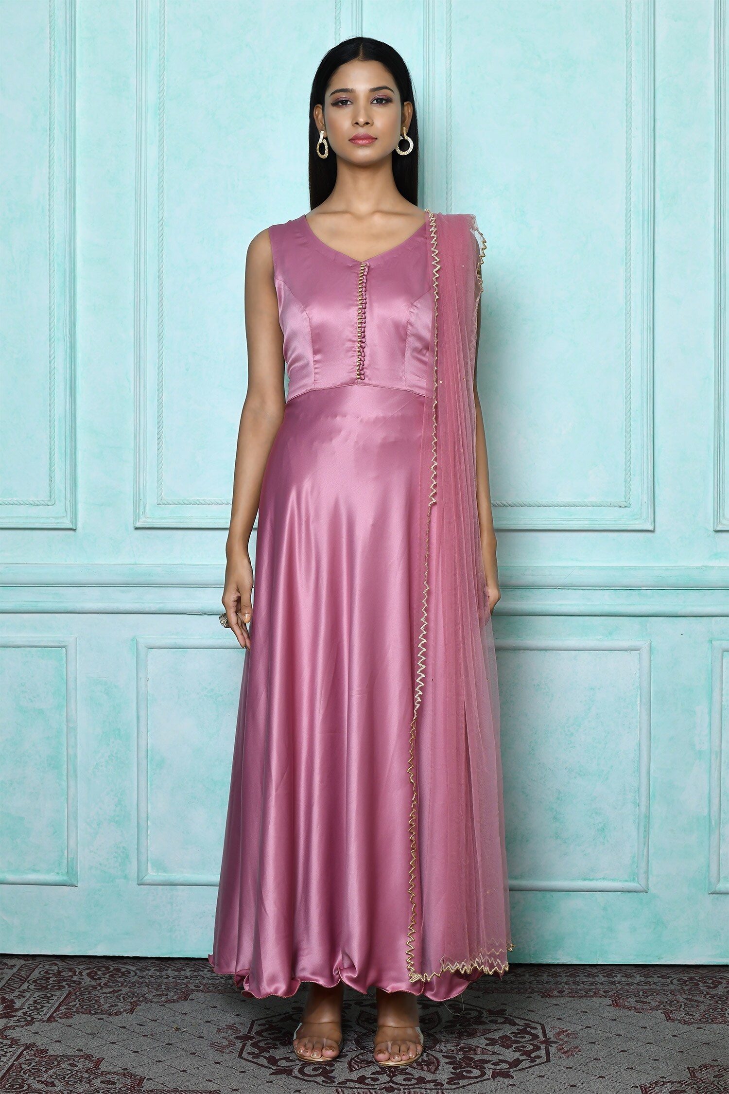 Buy Naintara Bajaj Pink Satin Anarkali Set Online | Aza Fashions