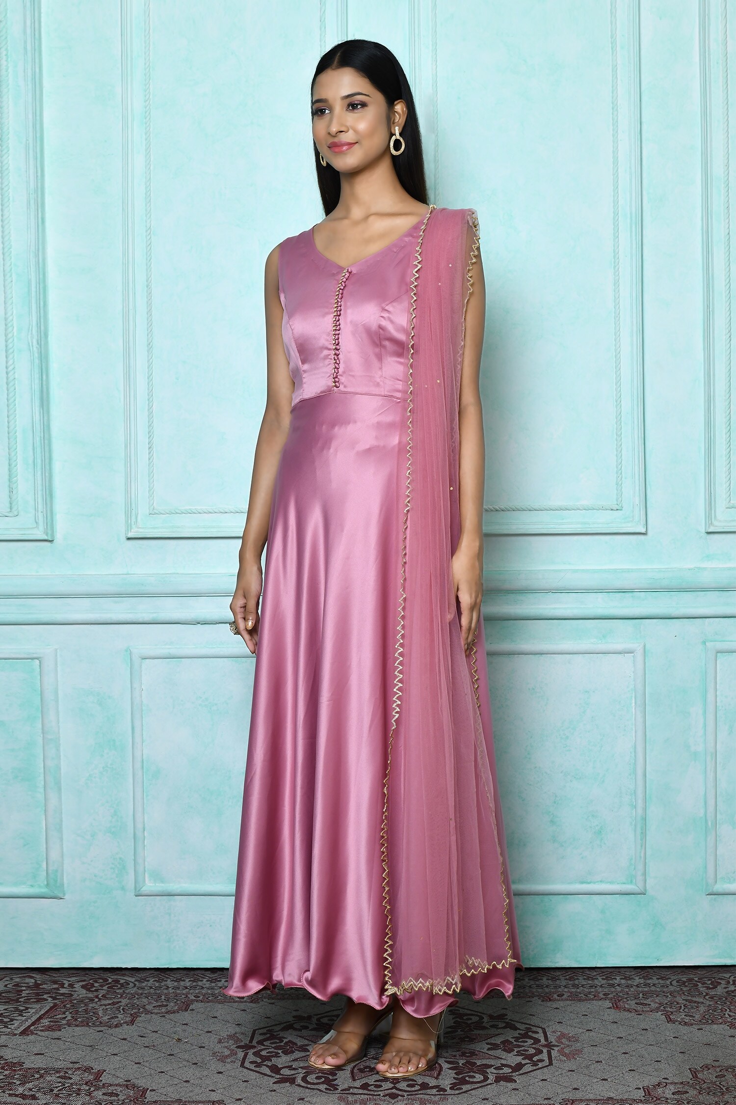 Buy Naintara Bajaj Pink Satin Anarkali Set Online | Aza Fashions