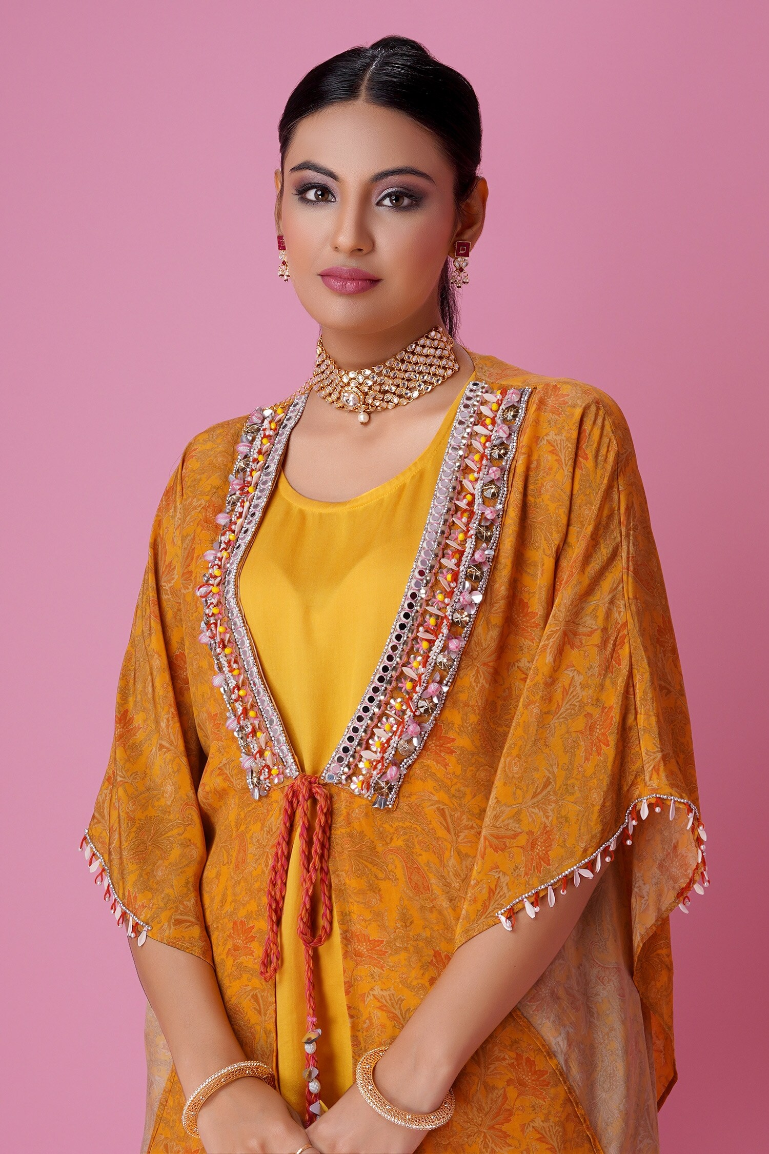 Buy Amani Yellow Crepe Paisley Print Kaftan Jacket Pant Set Online ...