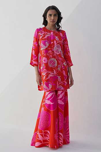 Buy Archana Shah Red Silk Symphony Pomo Pattern Sharara Set Online ...