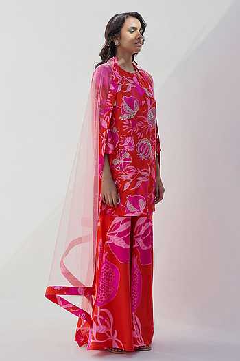 Buy Archana Shah Red Silk Symphony Pomo Pattern Sharara Set Online ...