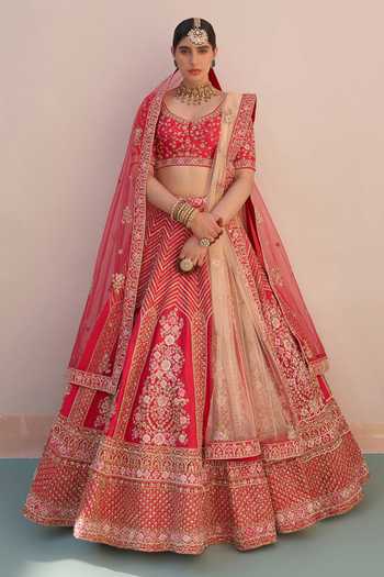 Buy Red Raw Silk Embroidered Zardozi Plunge Neck Bridal Lehenga Set For ...