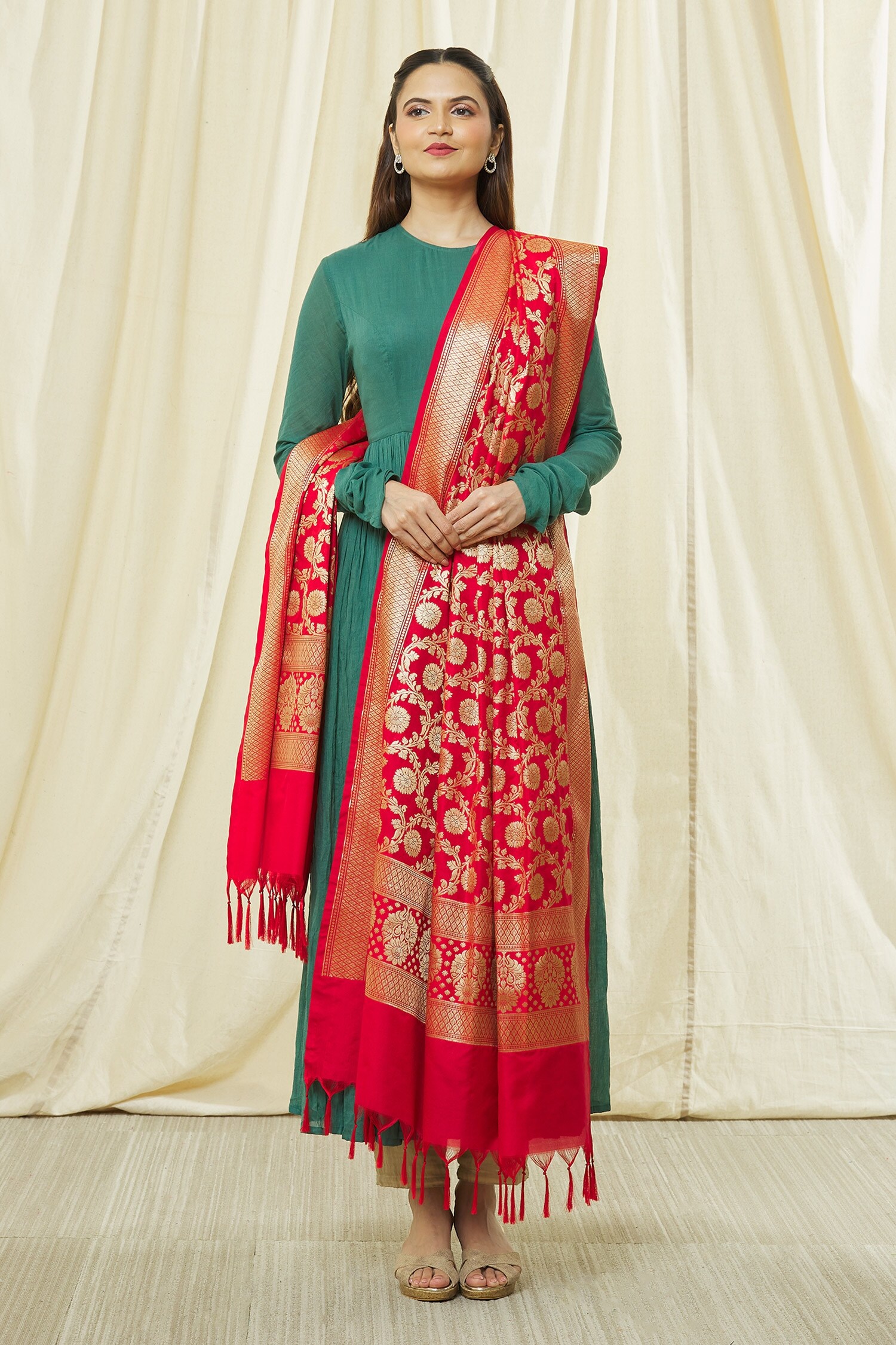 Buy Red Banarasi Art Silk Woven Floral Fringe Hem Dupatta For Women by ...