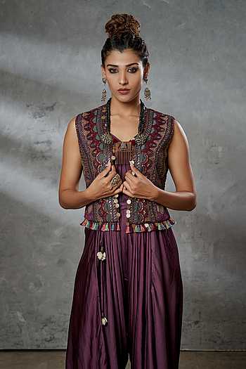 Buy Aditi Somani Wine Silk Suede Pleated Jumpsuit And Embroidered ...