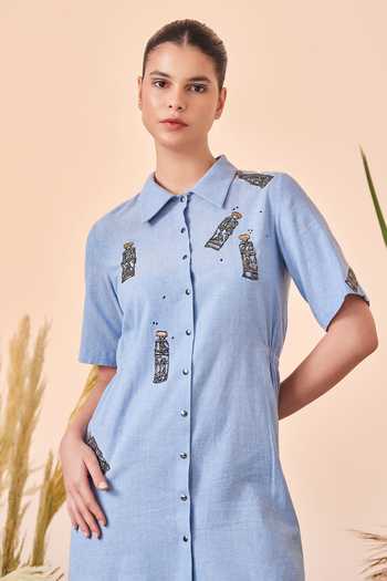Buy Shahin Mannan Blue Chambray Colour Tubes Pattern Dress Online | Aza ...