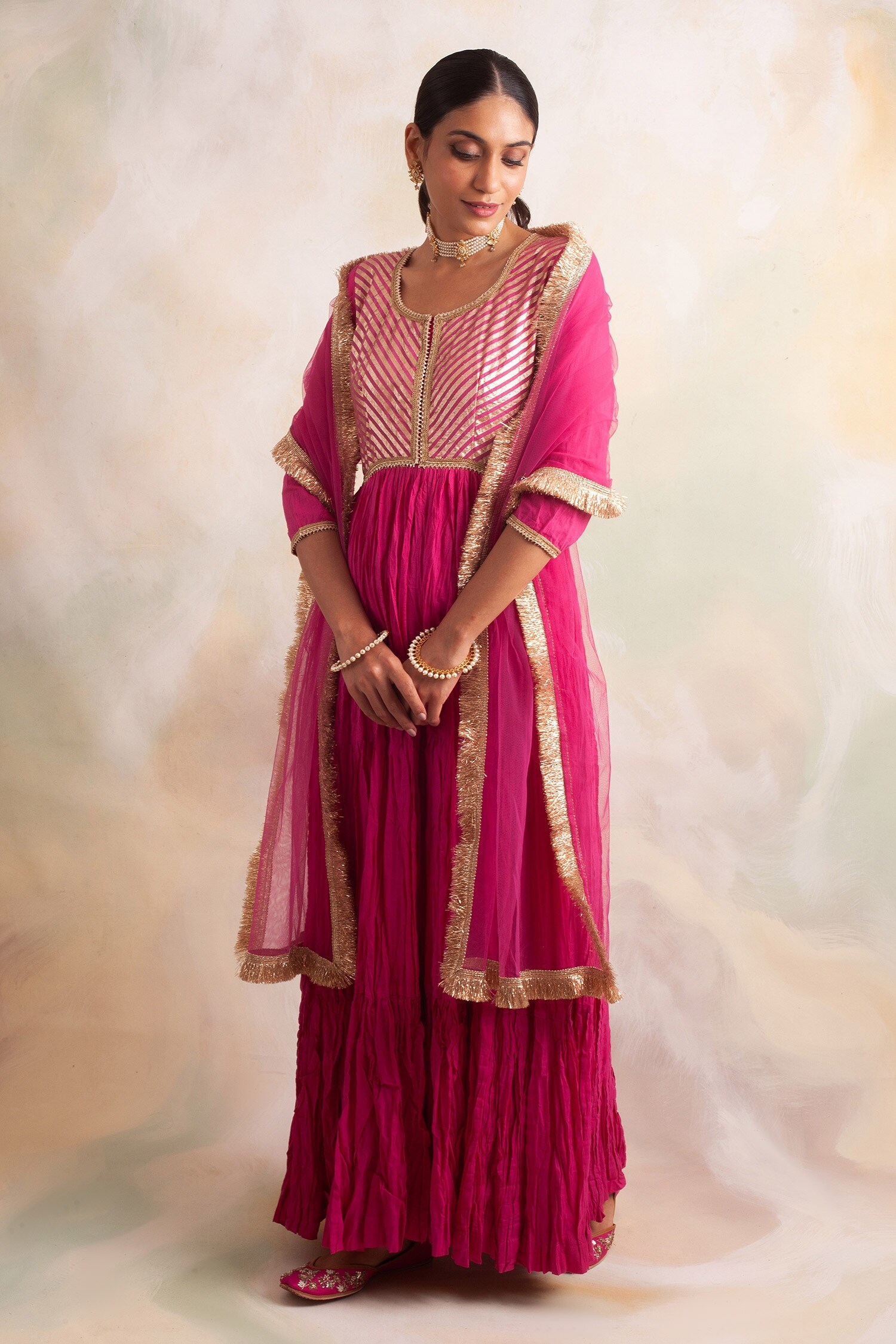 Buy Palak & Mehak Pink Cotton Gota Embroidered Anarkali With Dupatta ...