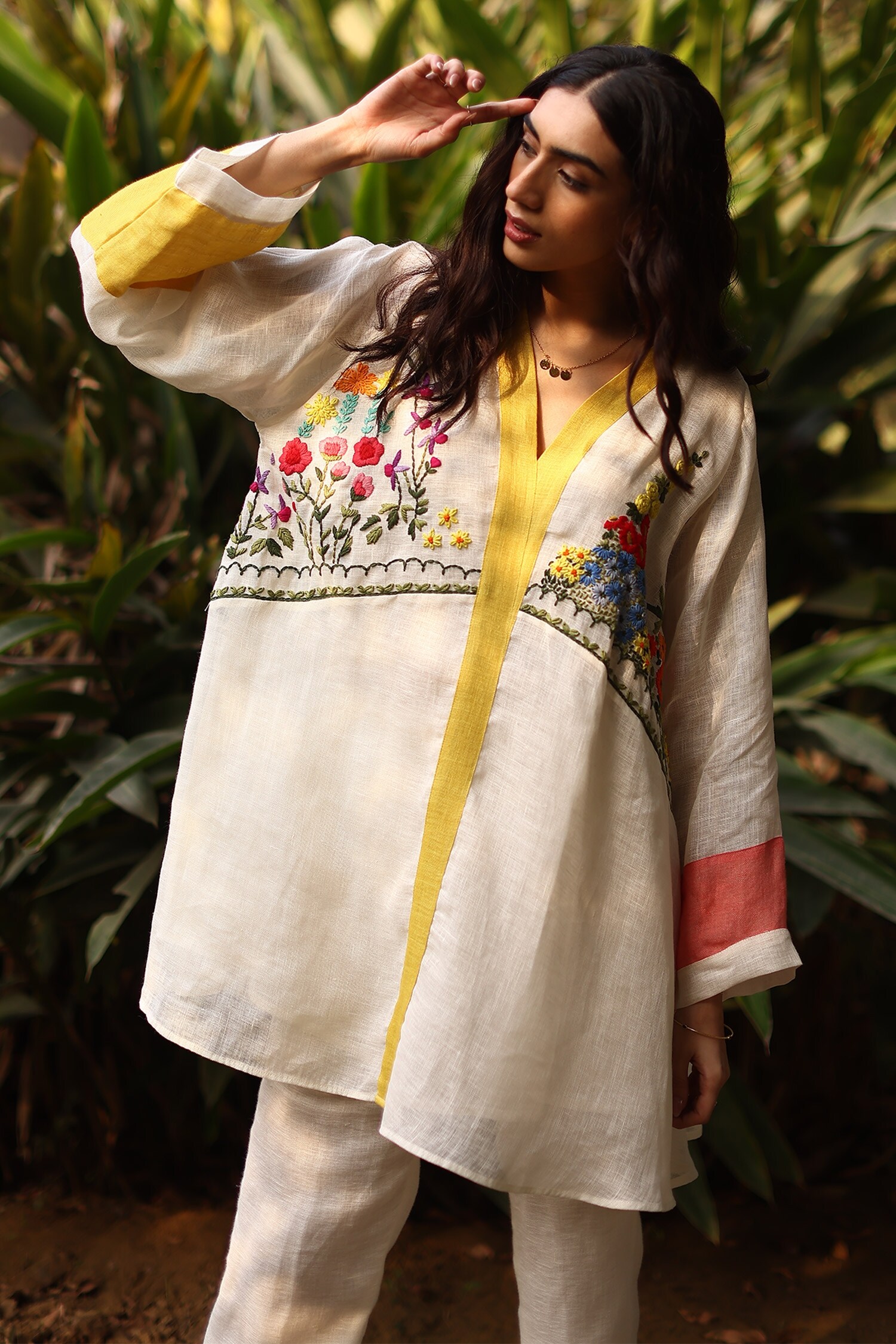 Buy Ivory Gauze Linen Embroidered Thread Work V Neck Cottagecore Tunic ...