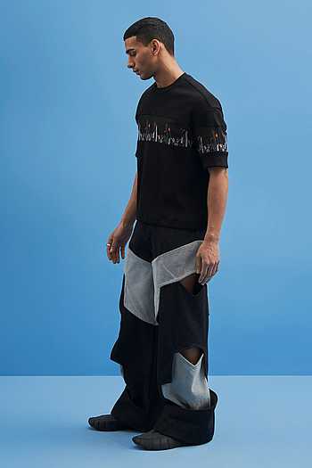Buy Siddhant Agrawal Label Black Denim Structured Layered Trouser ...