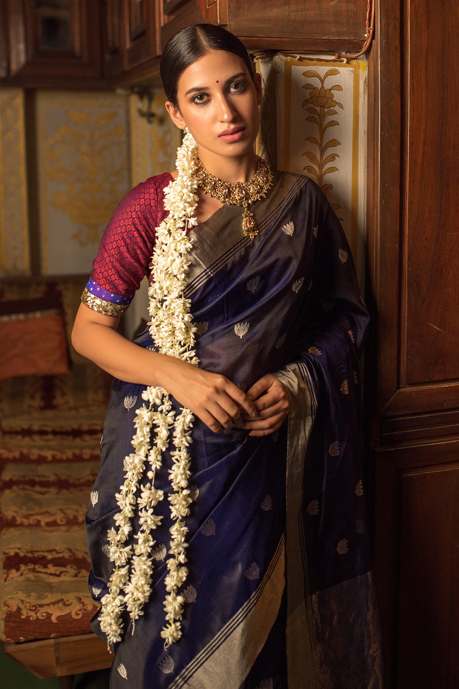 Buy Priyanka Raajiv Blue Devi Chanderi Silk Lotus Pattern Saree Online ...