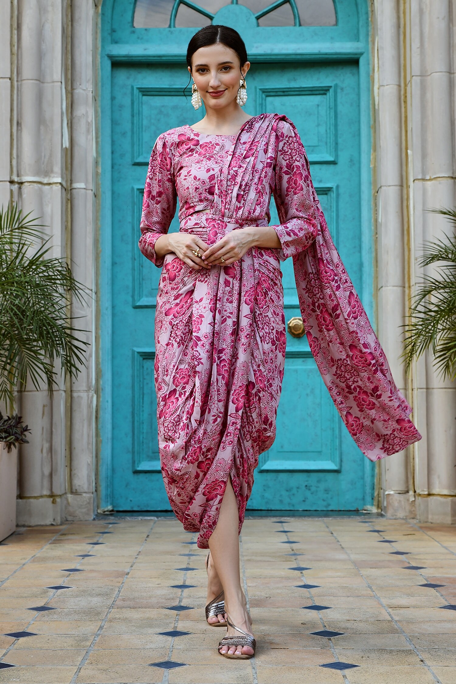 Buy Karaj Jaipur Pink Muslin Printed Pre-draped Saree With Blouse ...
