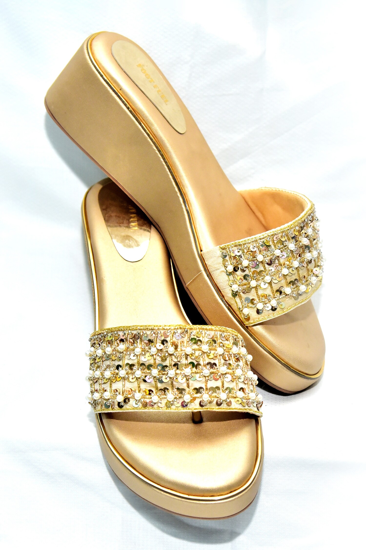 Buy Foot Fuel Gold Suede Amorr Sequin Embellished Wedges Online | Aza ...