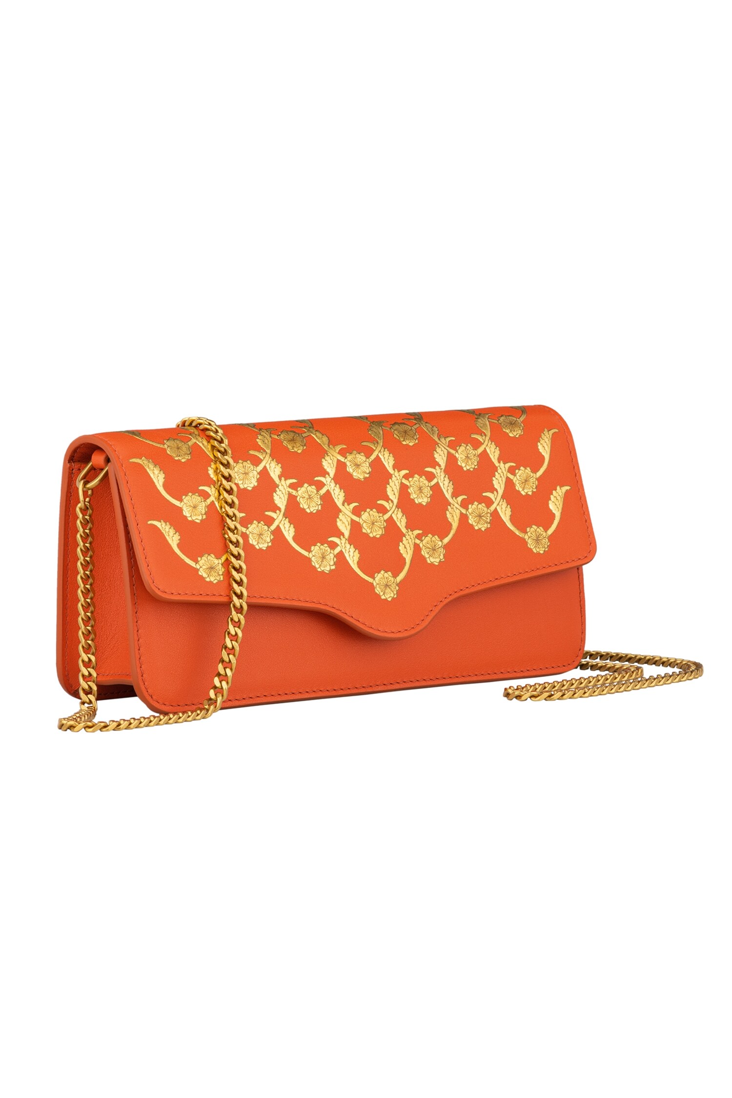 Buy Orange Glided Champa Flower Gold Pattern The Clutch by Aranyani ...