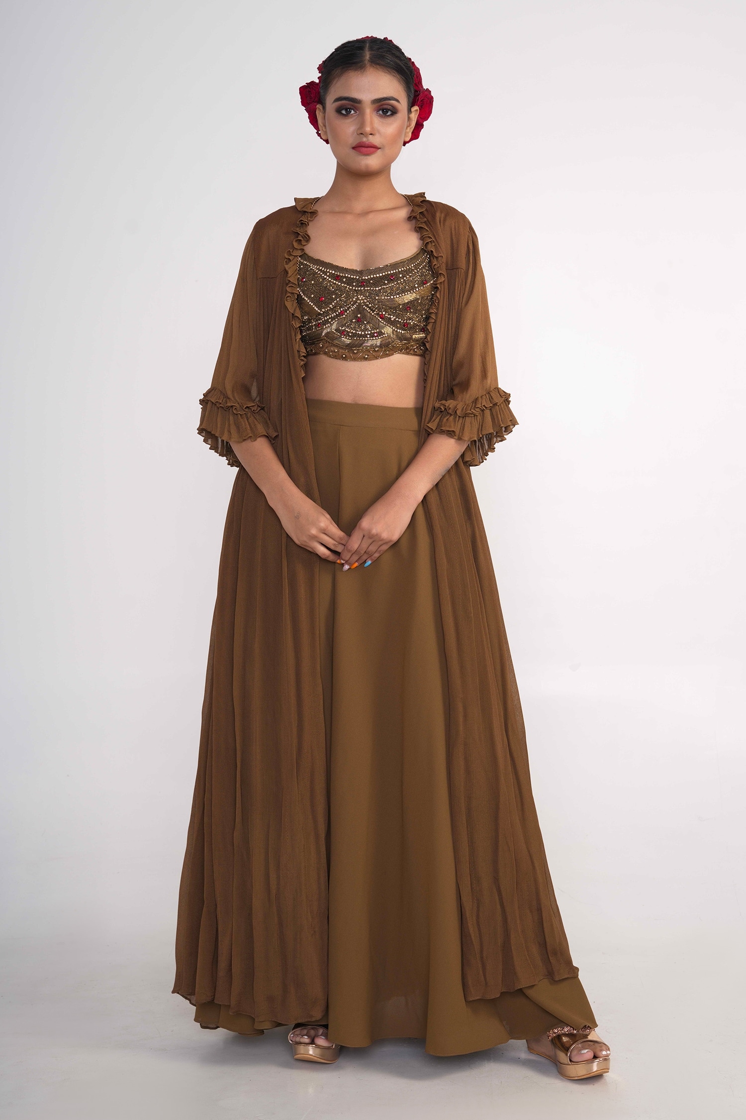 Buy Brown Blouse Chiffon Pants Georgette Blend Pleated And Flared Set ...