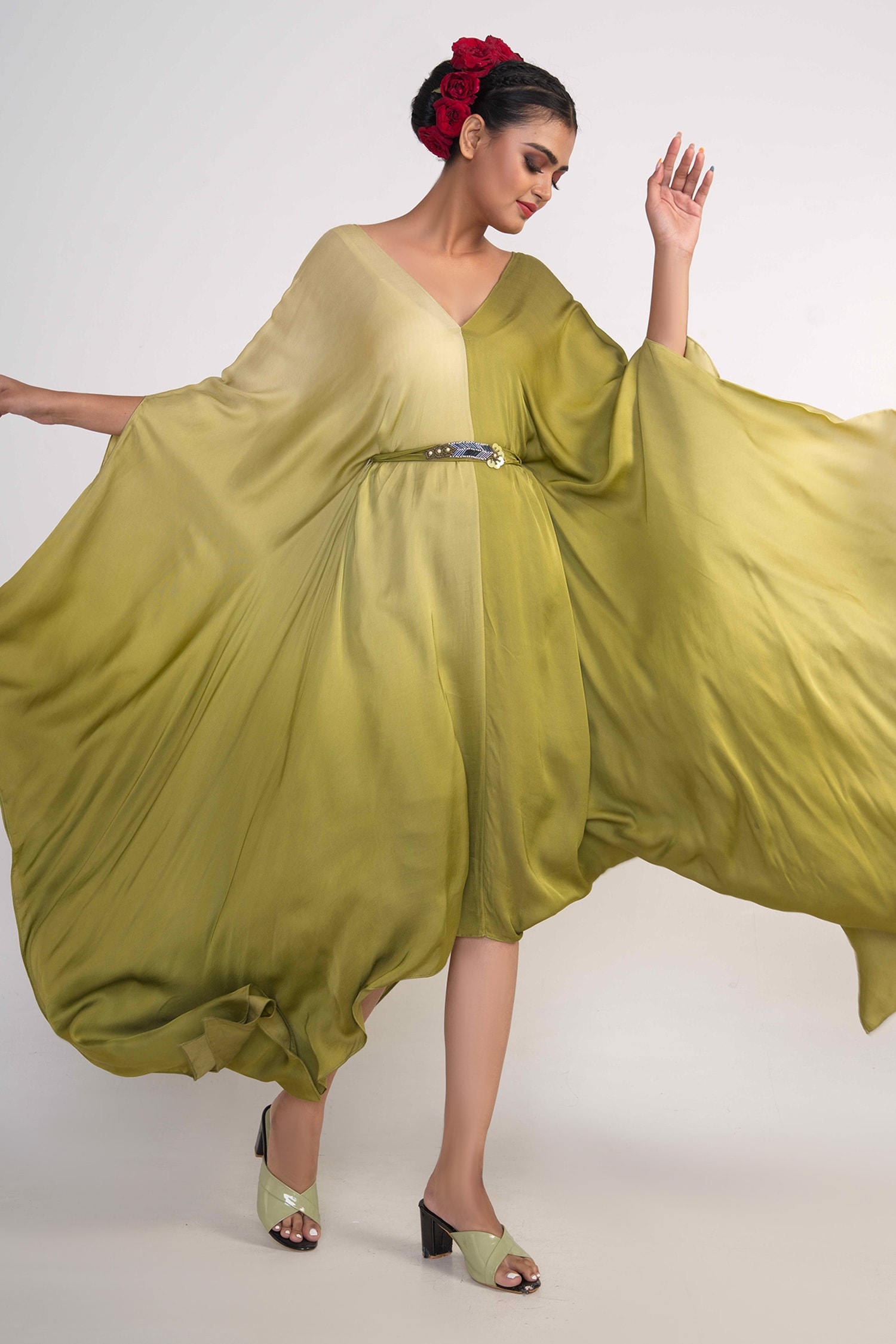 Buy Green Modal Satin Embroidered Pearl Lace V Neck Kaftan With Belt ...