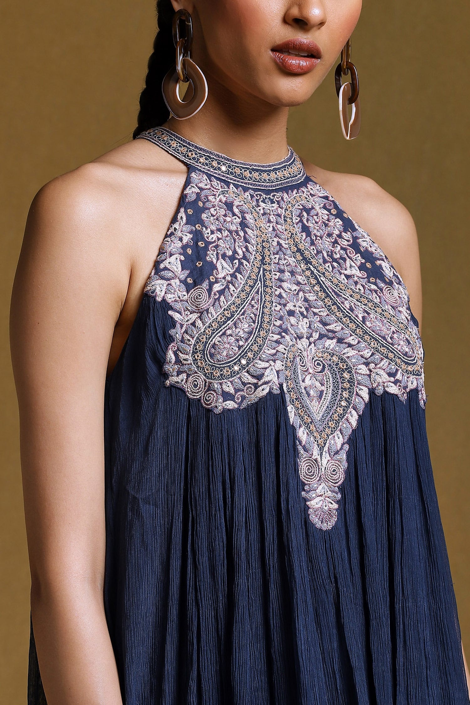 Buy Ritu Kumar Blue Viscose Chiffon Halter Neck Maxi Dress Online | Aza ...