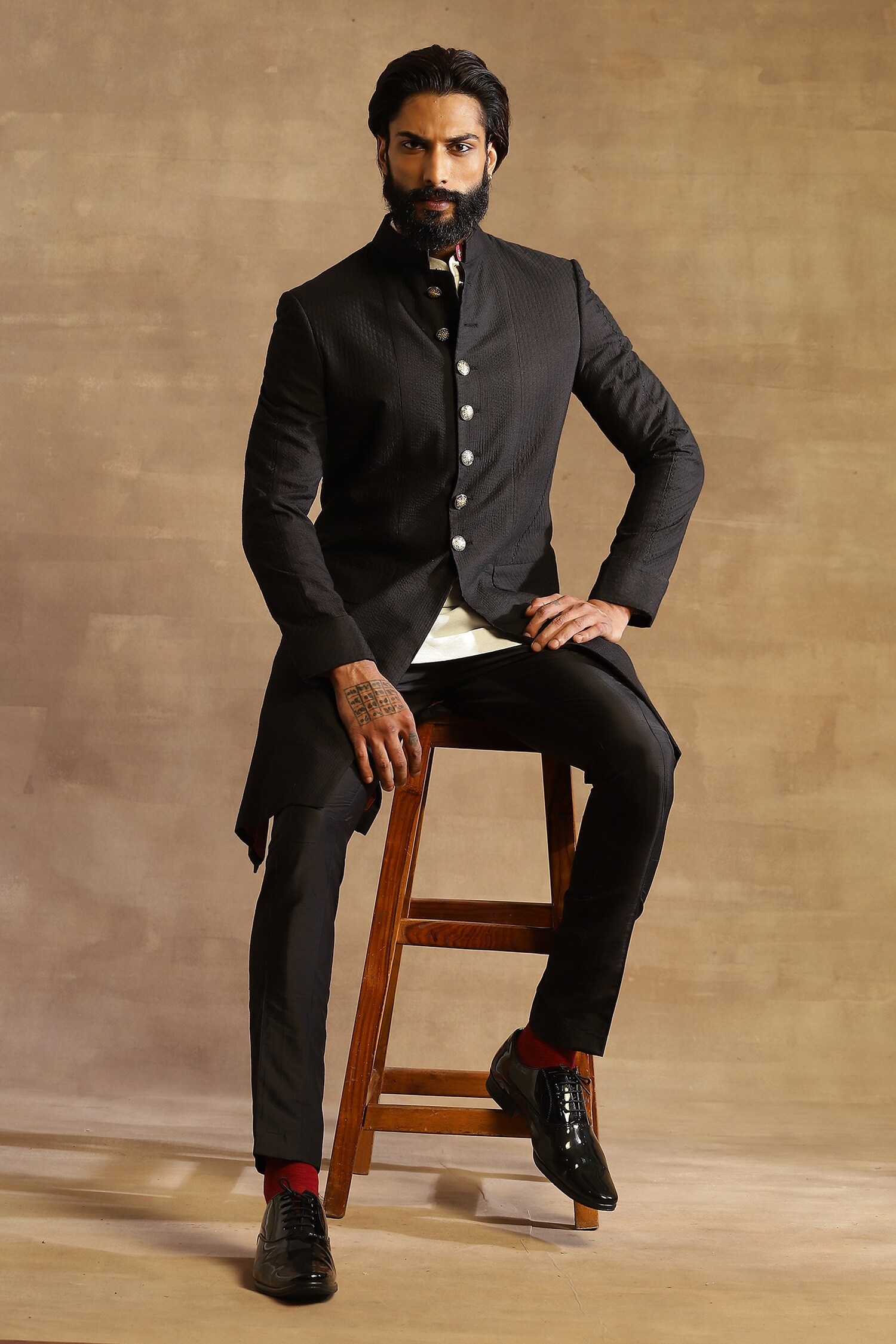 Buy Raghavendra Rathore Jodhpur Black Silk Slim Fit Achkan Online | Aza ...