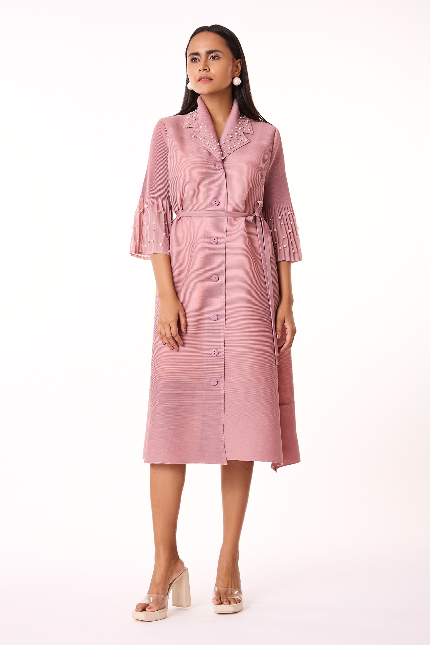 Buy Scarlet Sage Pink Polyester A-line Pearl Embellished Shirt Dress ...