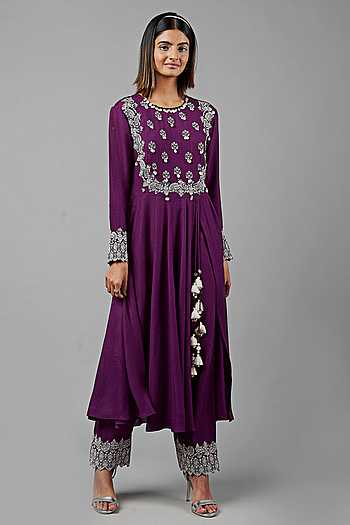 Buy Purple Rayon Flex Embroidery Kairi Side Slit Anarkali With Pant For ...