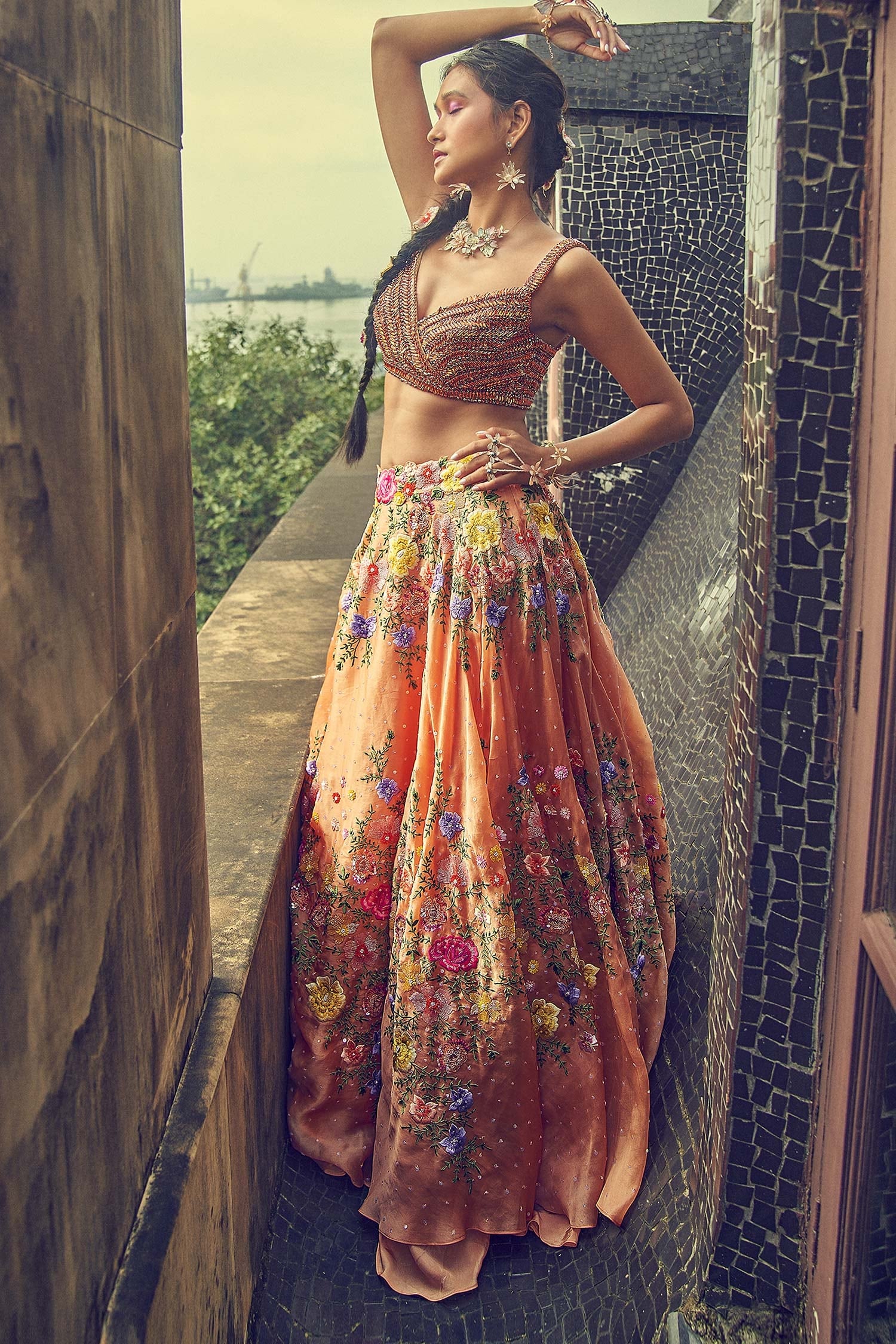 Buy Surily G Coral Crepe Stone Hand Embroidered Blouse Online | Aza ...