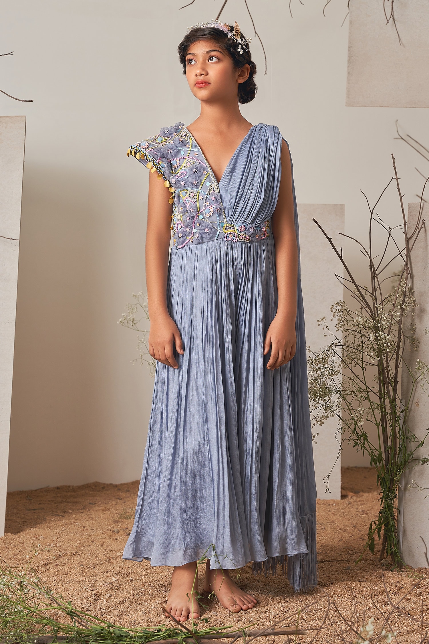 Buy Merge Design Blue Hand Embroidered Gown For Girls Online | Aza Fashions