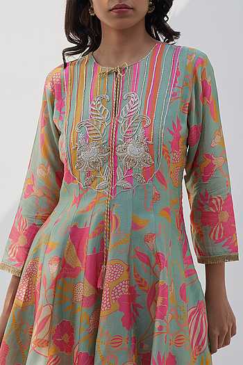 Buy Archana Shah Green Silk Lyssa Pomo Pattern Kali Kurta Pant Set ...