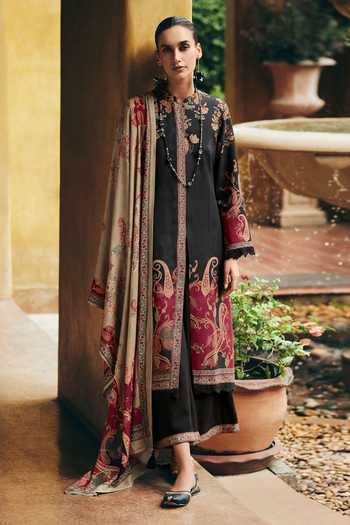 Buy Black Viscose Pashmina Printed Placed Floral Patterned Kurta Set ...