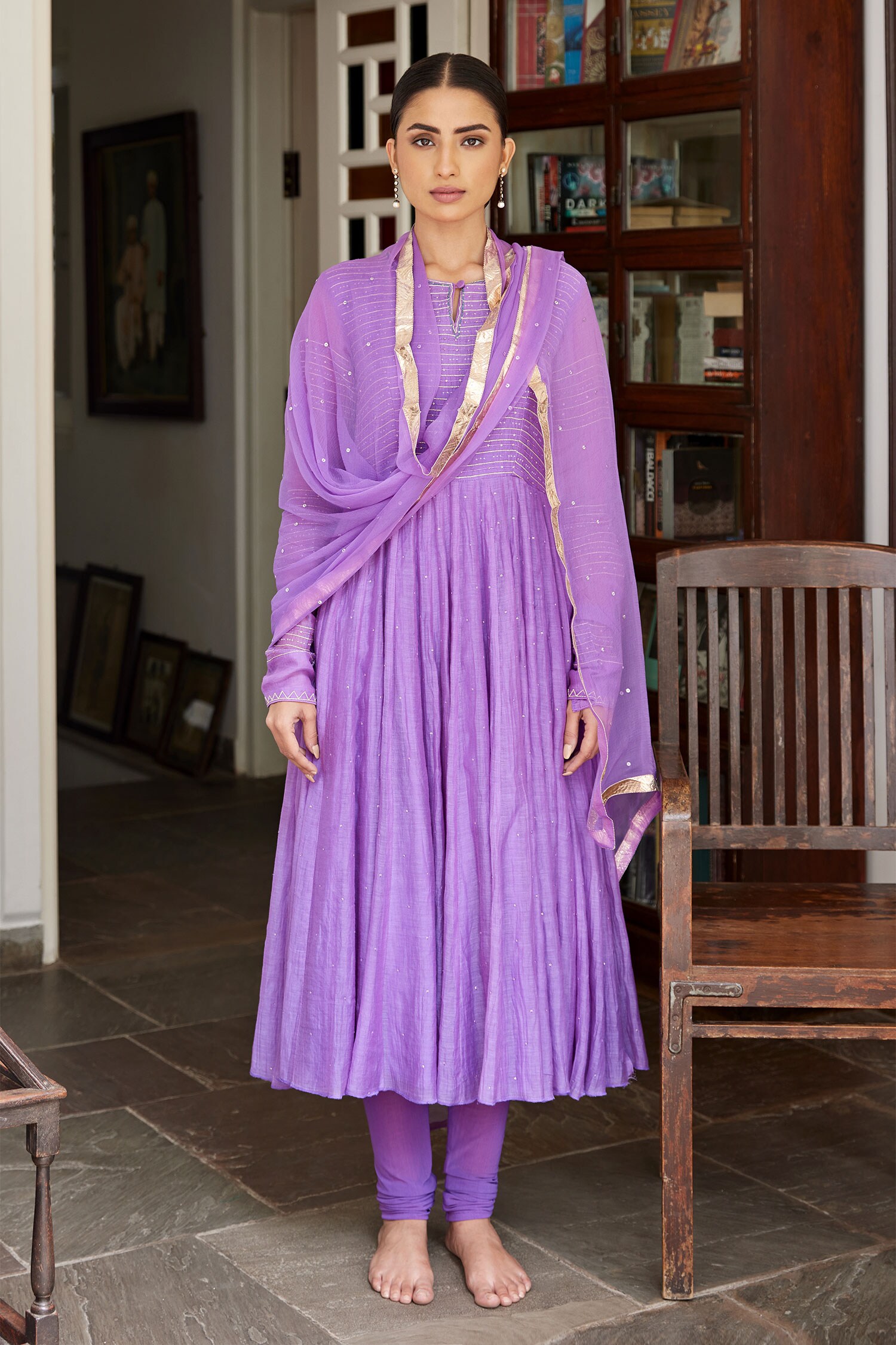 Buy Purple Anarkali Chanderi Jacket Chanderi Churidar Net Dupatta And ...