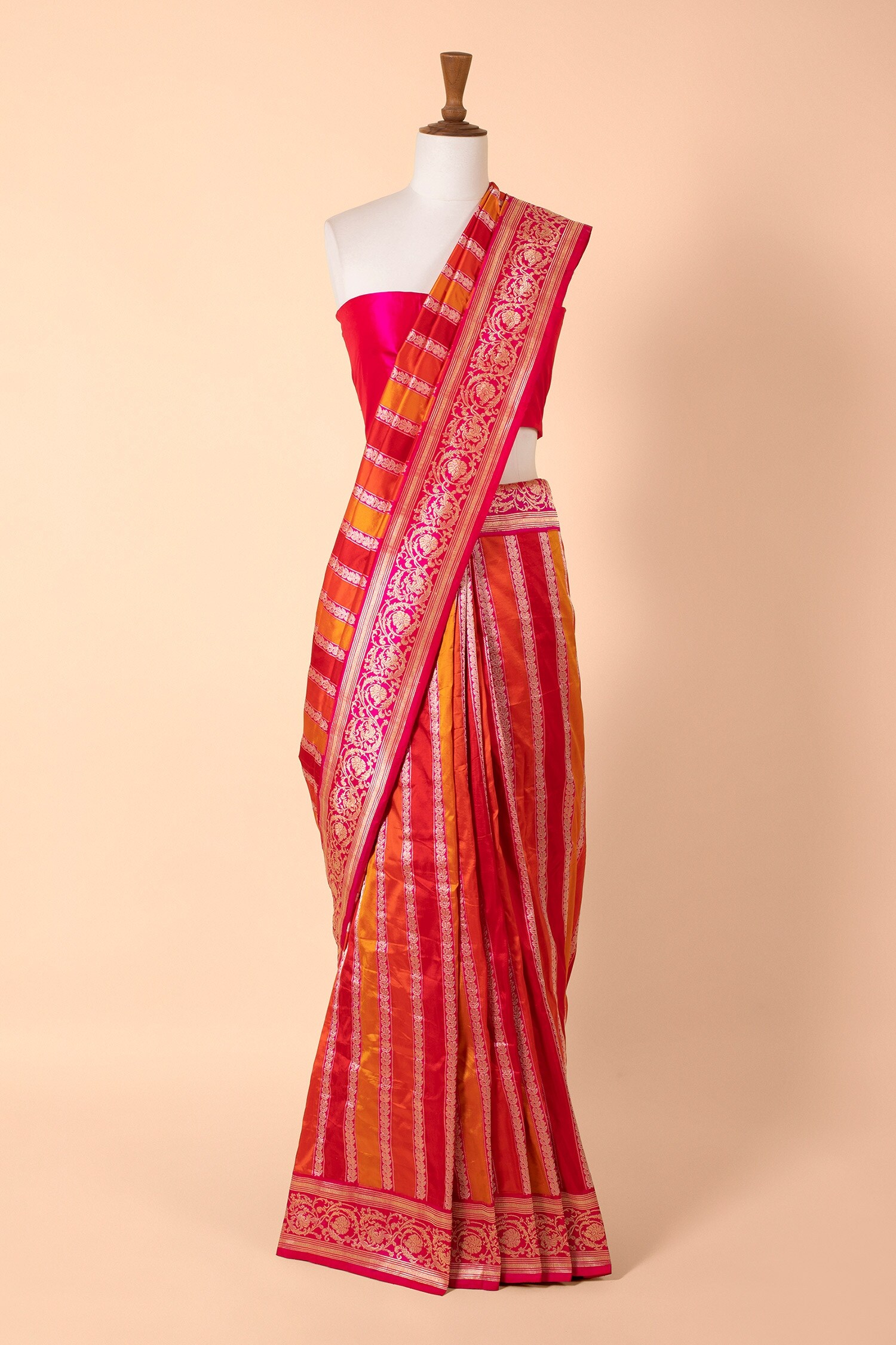 Buy Ekaya Red Handwoven Silk Striped Saree Online | Aza Fashions