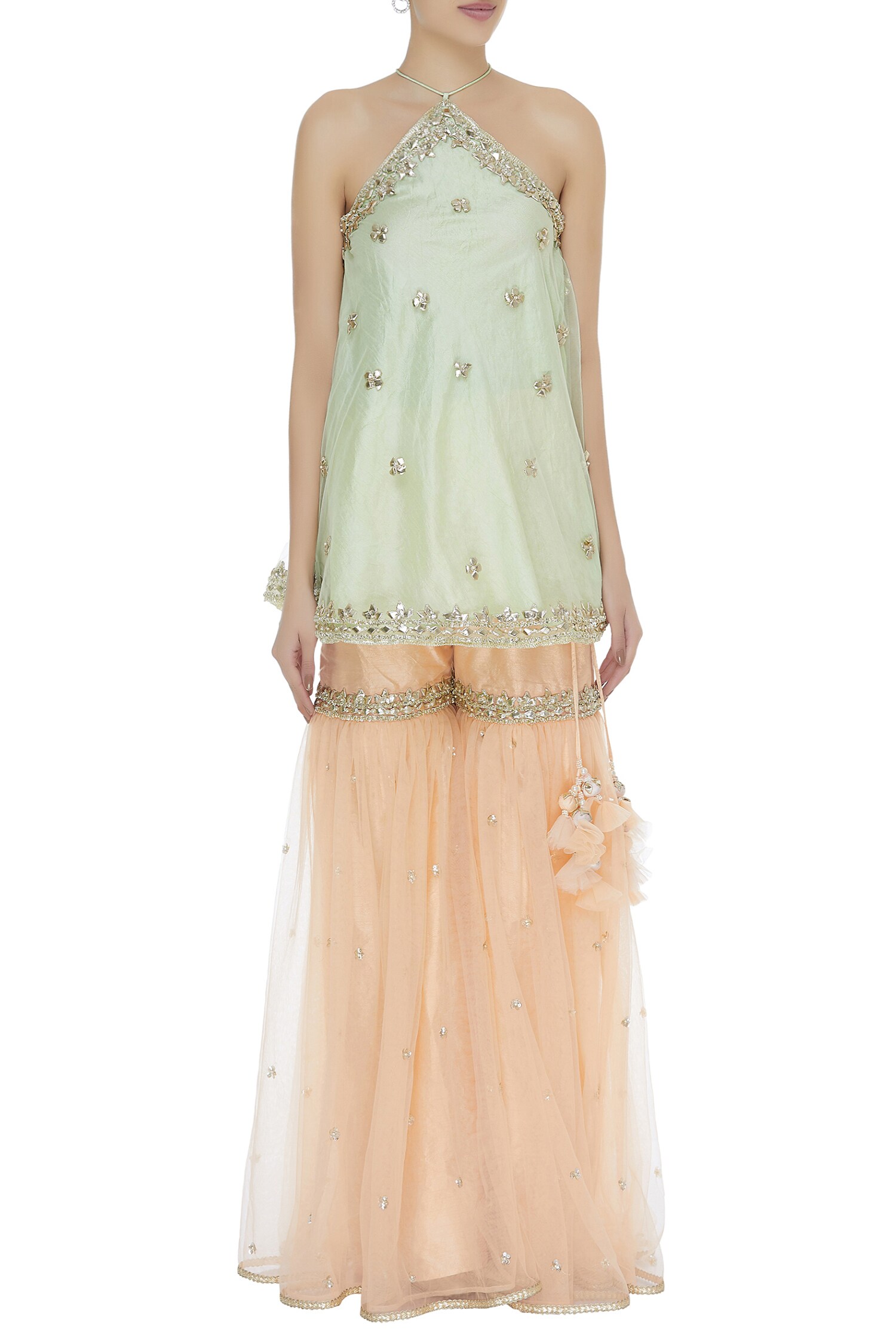 Buy Preeti S Kapoor Green Gota Embroidered Halter Kurta Set Online ...