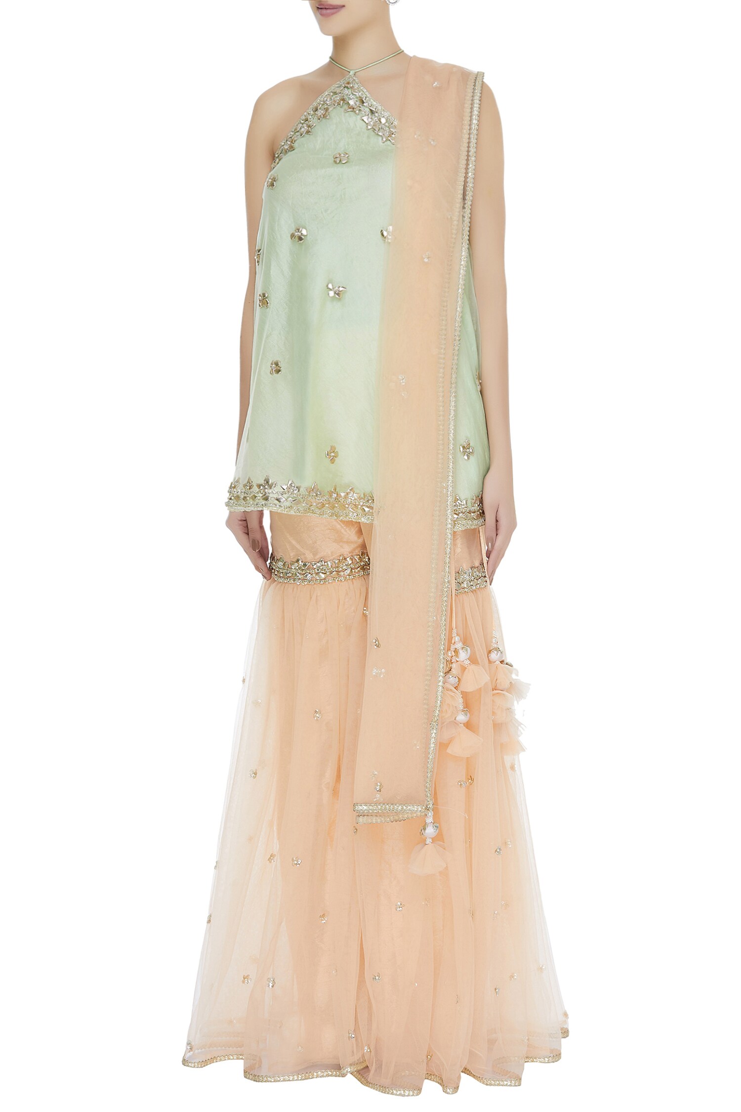 Buy Preeti S Kapoor Green Gota Embroidered Halter Kurta Set Online ...