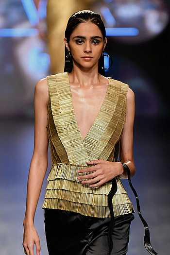 Buy Rimzim Dadu Gold Metallic Layered Peplum Top Online | Aza Fashions
