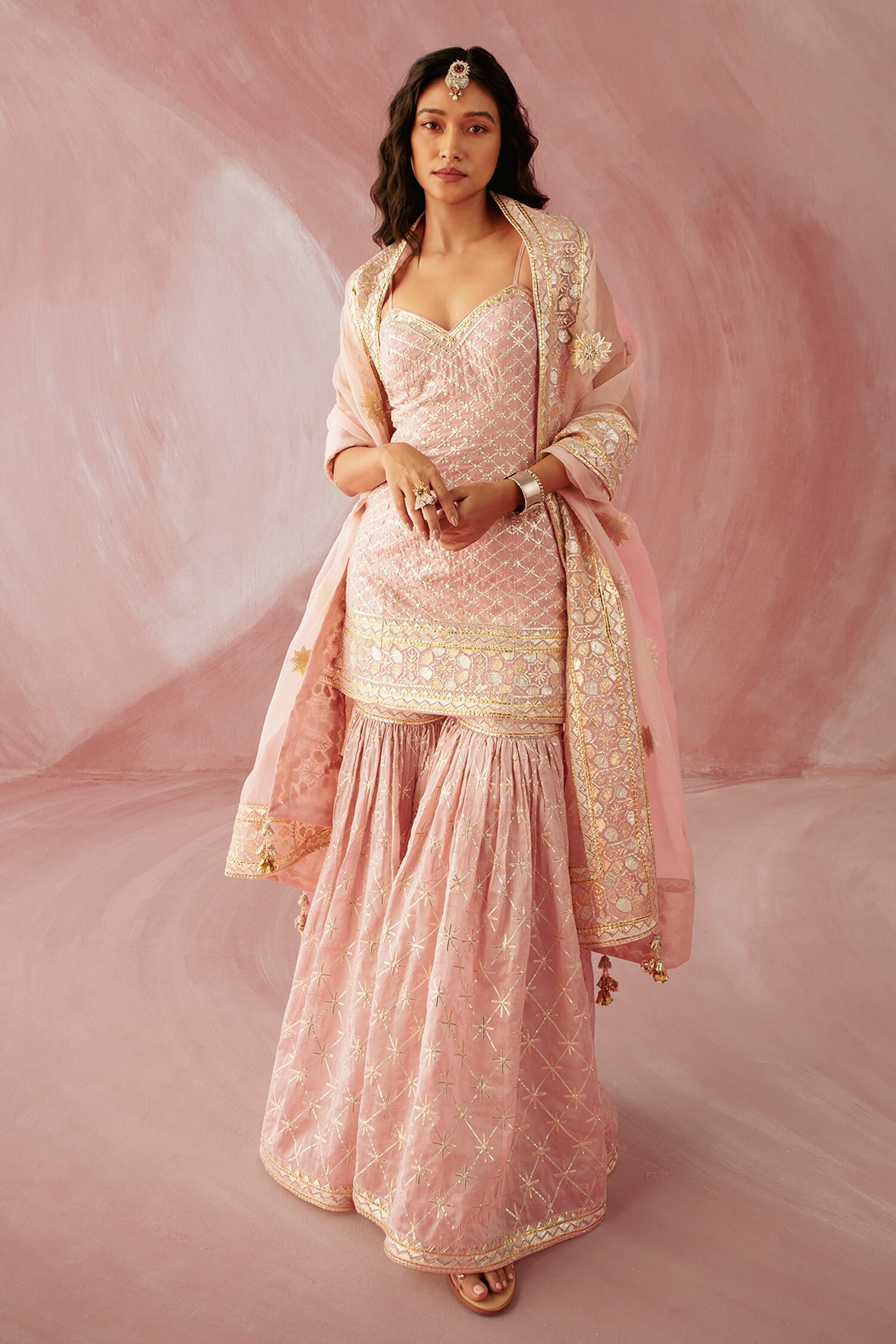 Buy Sureena Chowdhri Pink Silk Chanderi Kurta Sharara Set Online | Aza ...