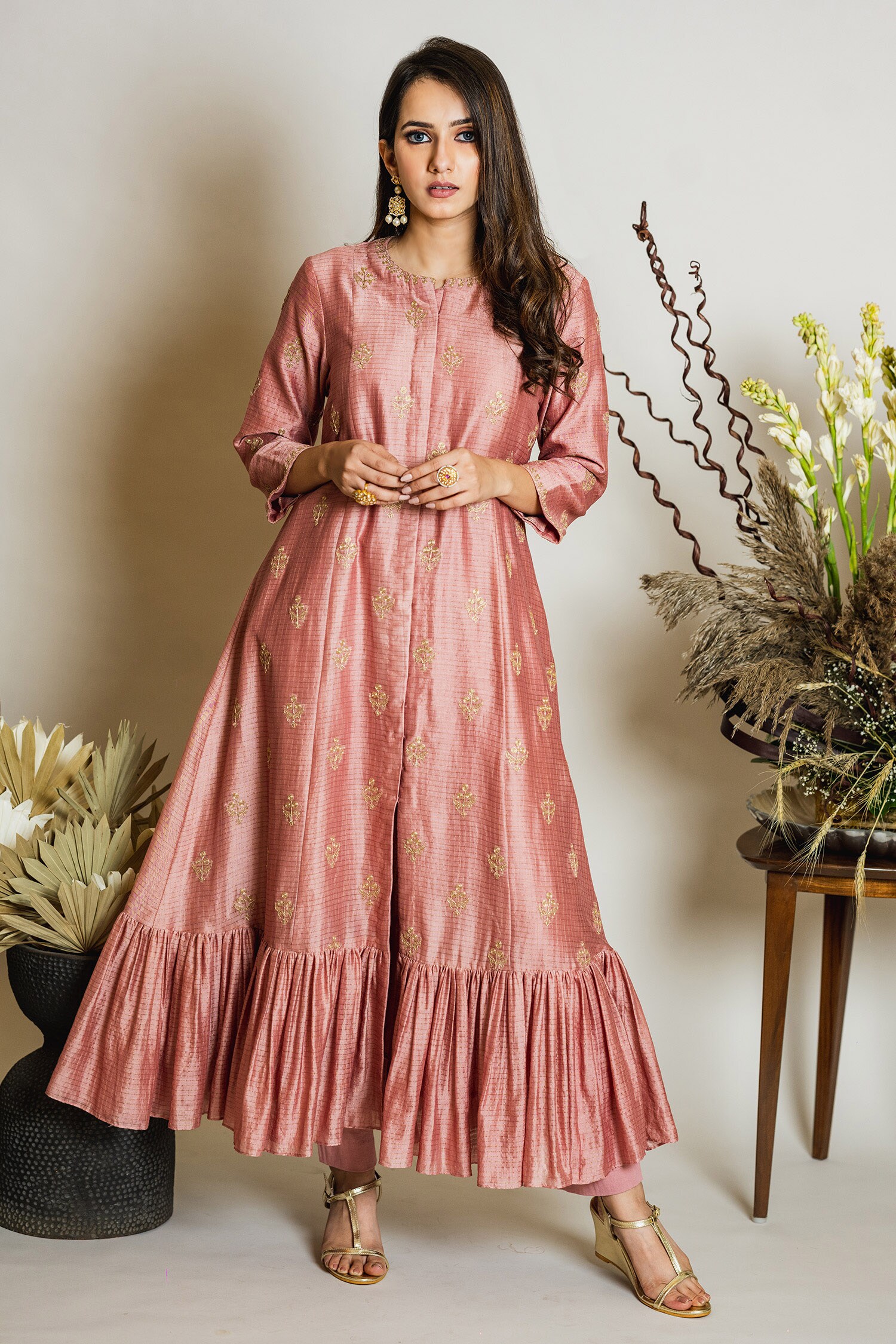 Buy Pink Chanderi Silk Round Flared Kurta And Pant Set For Women by ...