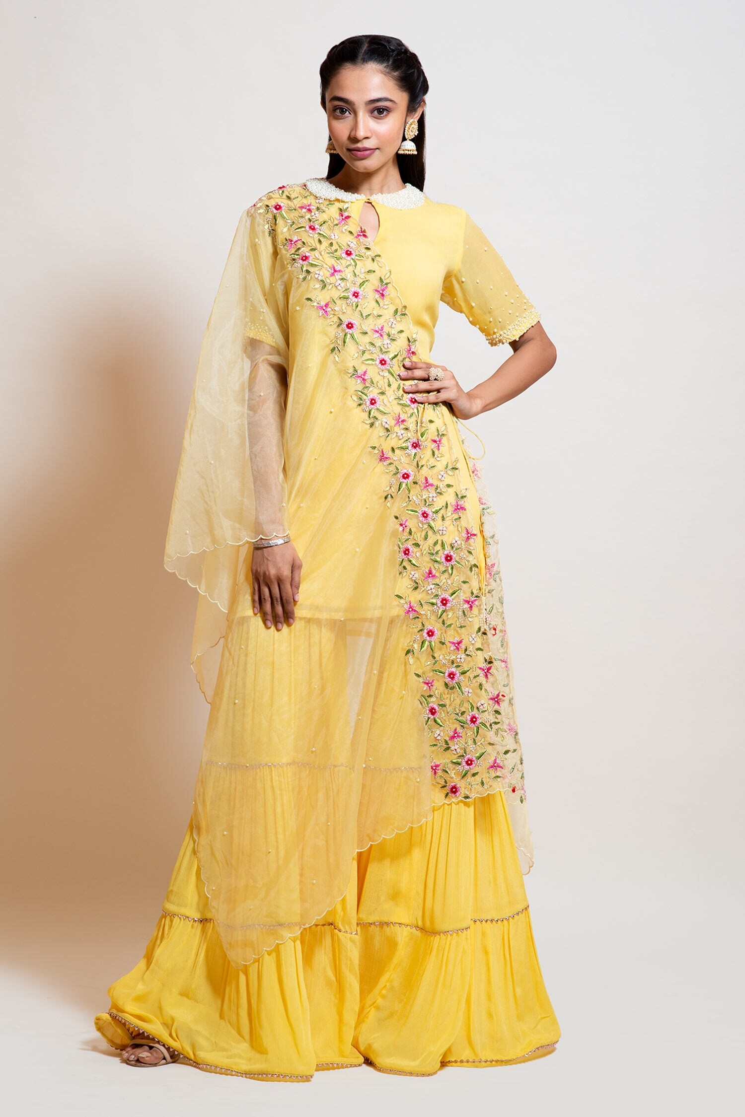Buy Yellow Kurta: Georgette Embroidery Moti Peter Pan Collar Sharara ...